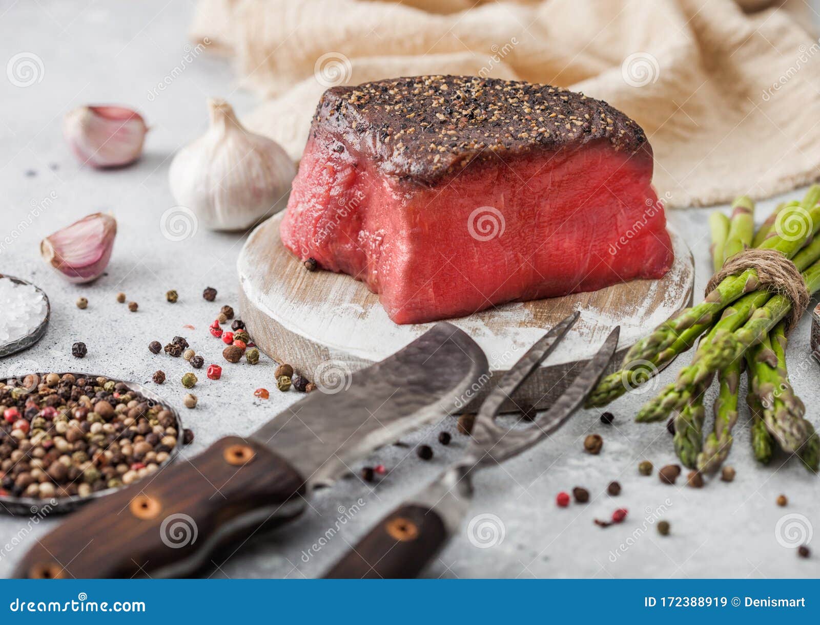 Slice of Raw Beef Topside Joint with Salt and Pepper on Round Chopping ...