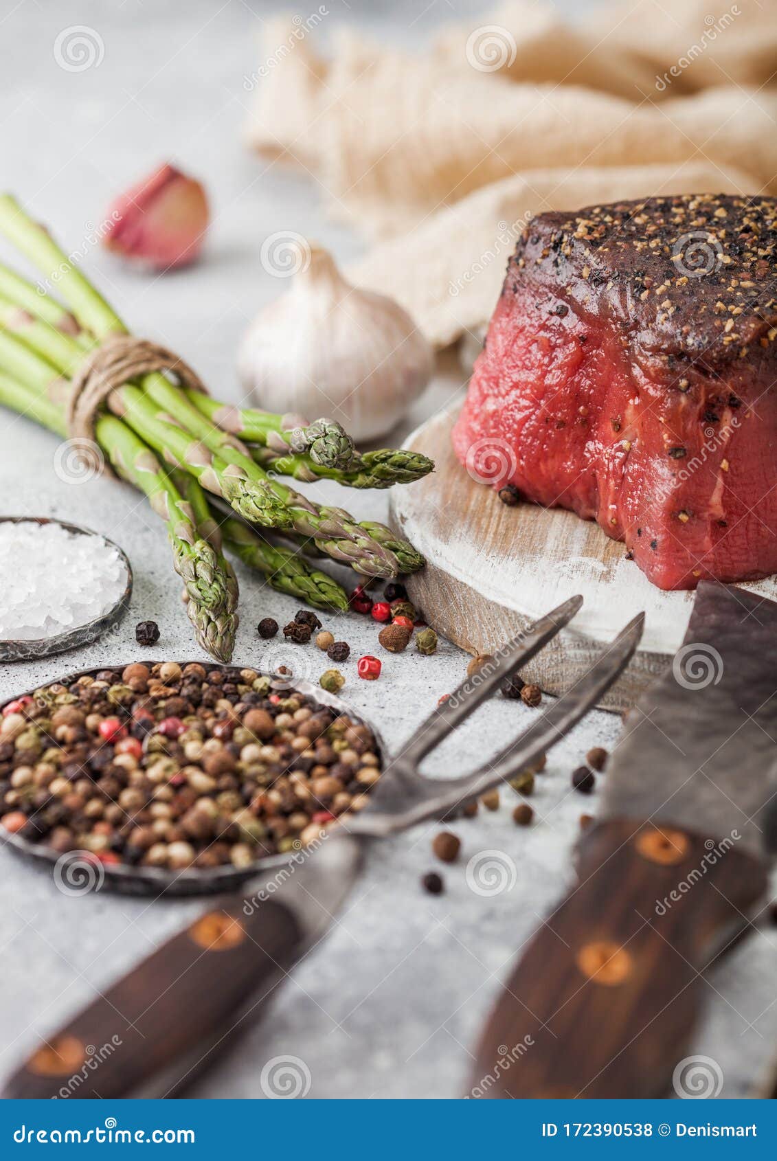 Slice of Raw Beef Topside Joint with Salt and Pepper on Round Chopping ...