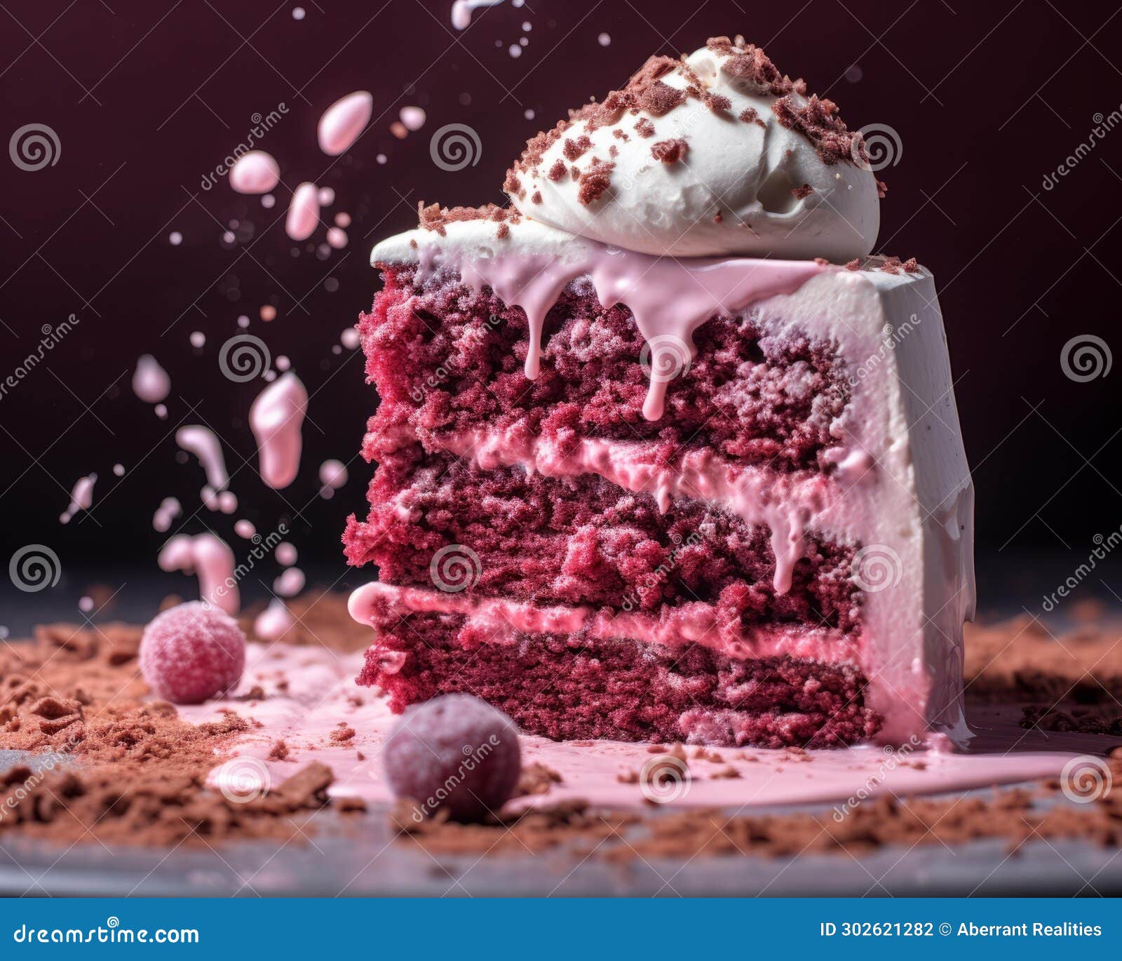 A Slice of Red Velvet Cake is Being Splashed with Cream Stock ...