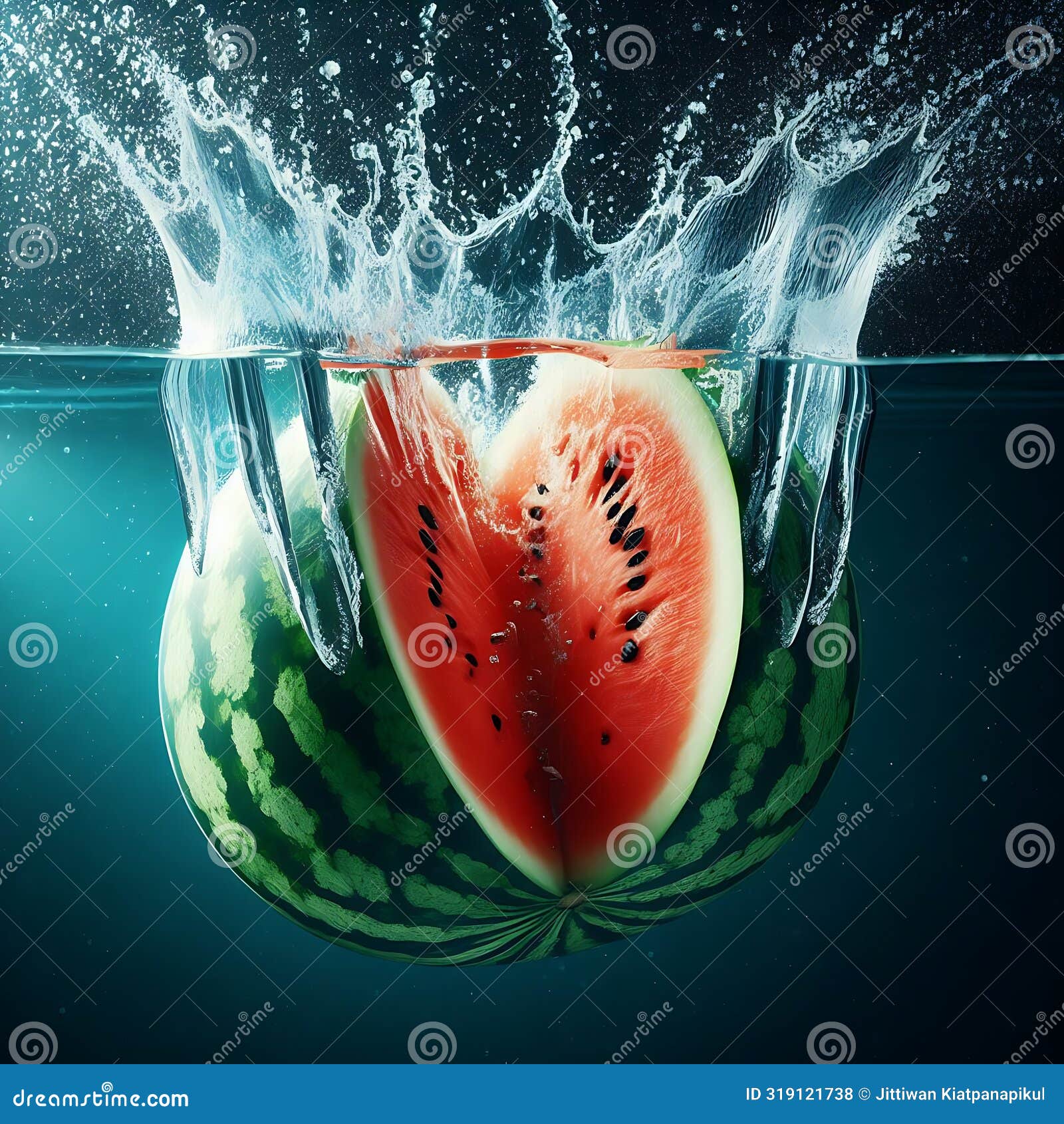 Slice of Ripe Watermelon Fruit Plops into the Clear Water with the ...
