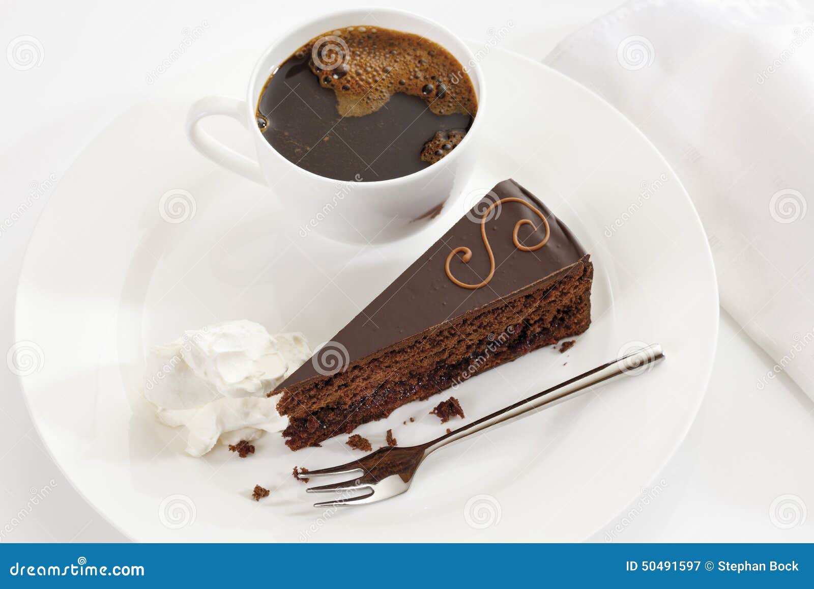 Slice of Sacher Cake in Plate with Coffee Stock Image - Image of aroma ...