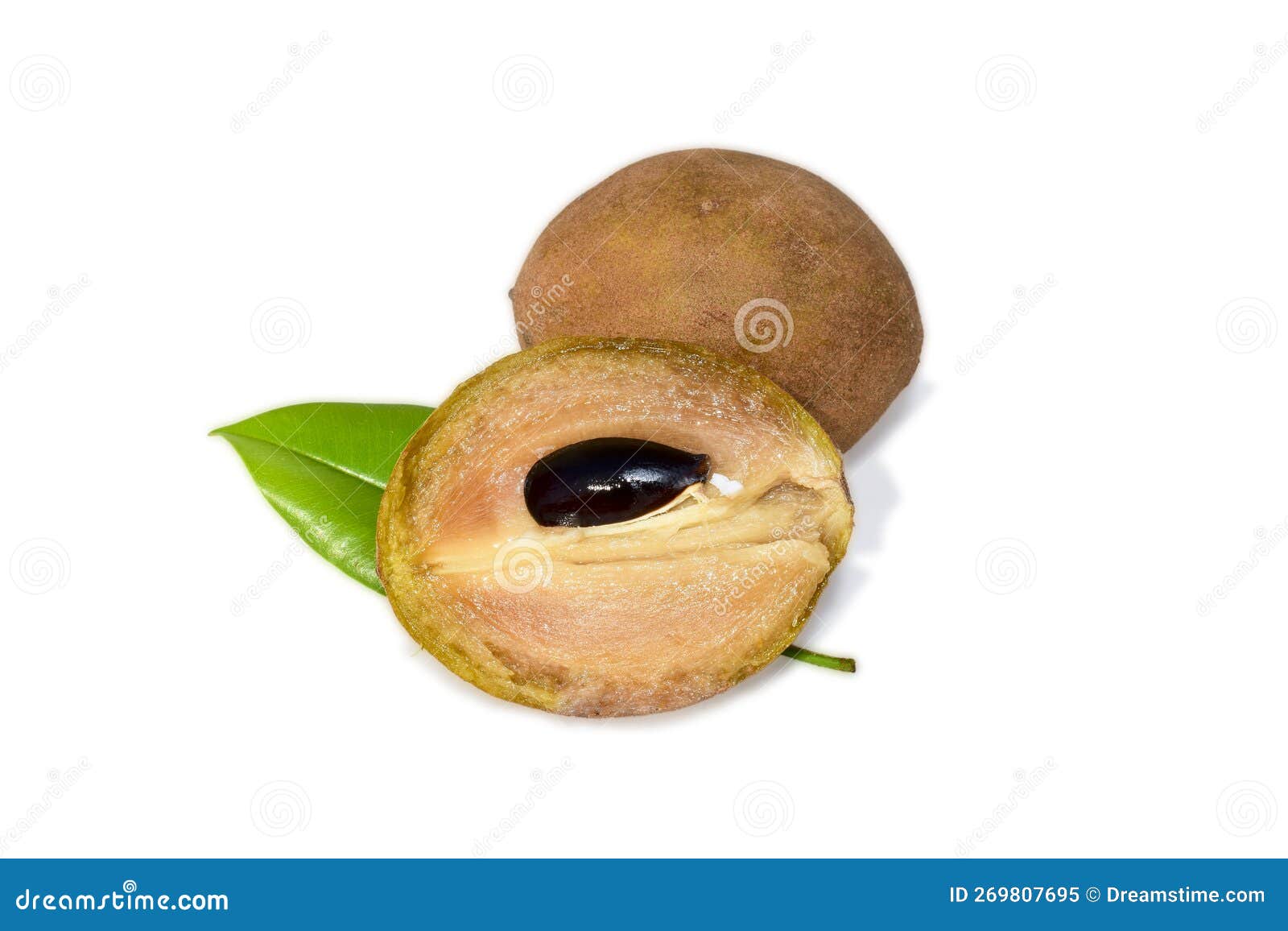 Slice of Sapodilla, Chickoo Fruit with Leaves Isolated on White ...