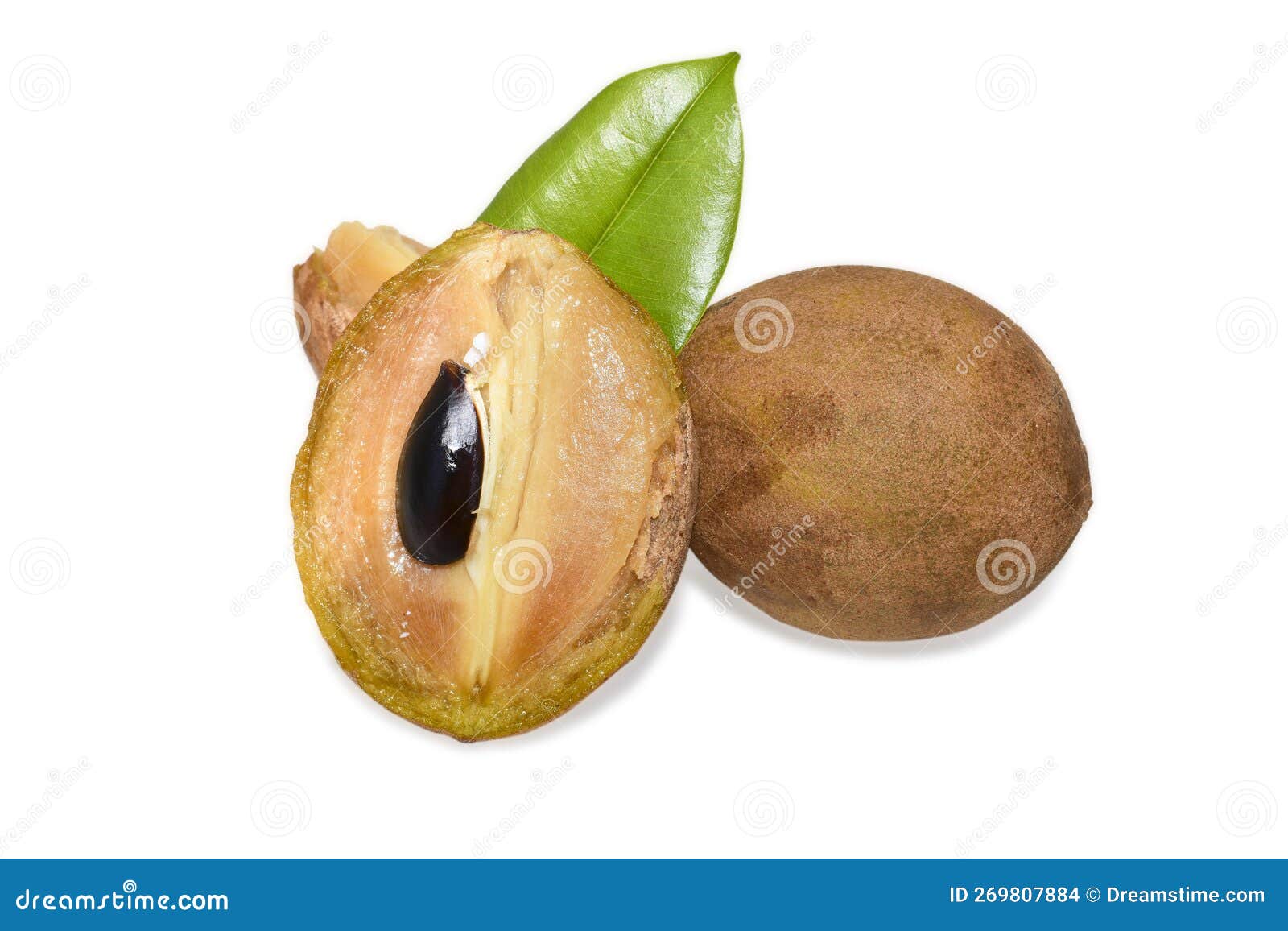 Slice of Sapodilla, Chickoo Fruit with Leaves Isolated on White ...
