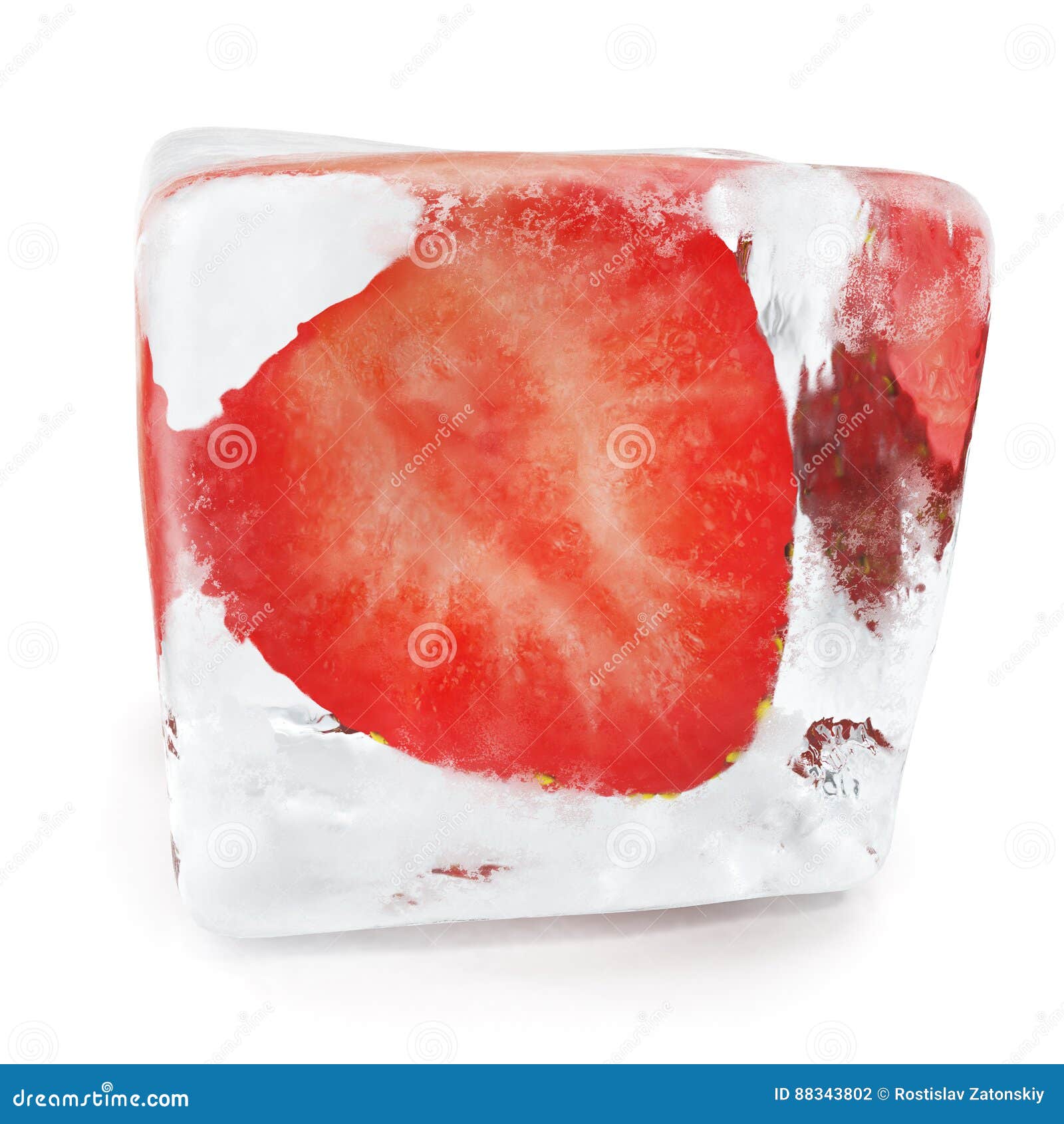 Slice Strawberry Frozen In Ice Cube, Ice Cube In Front View, Single Ice ...