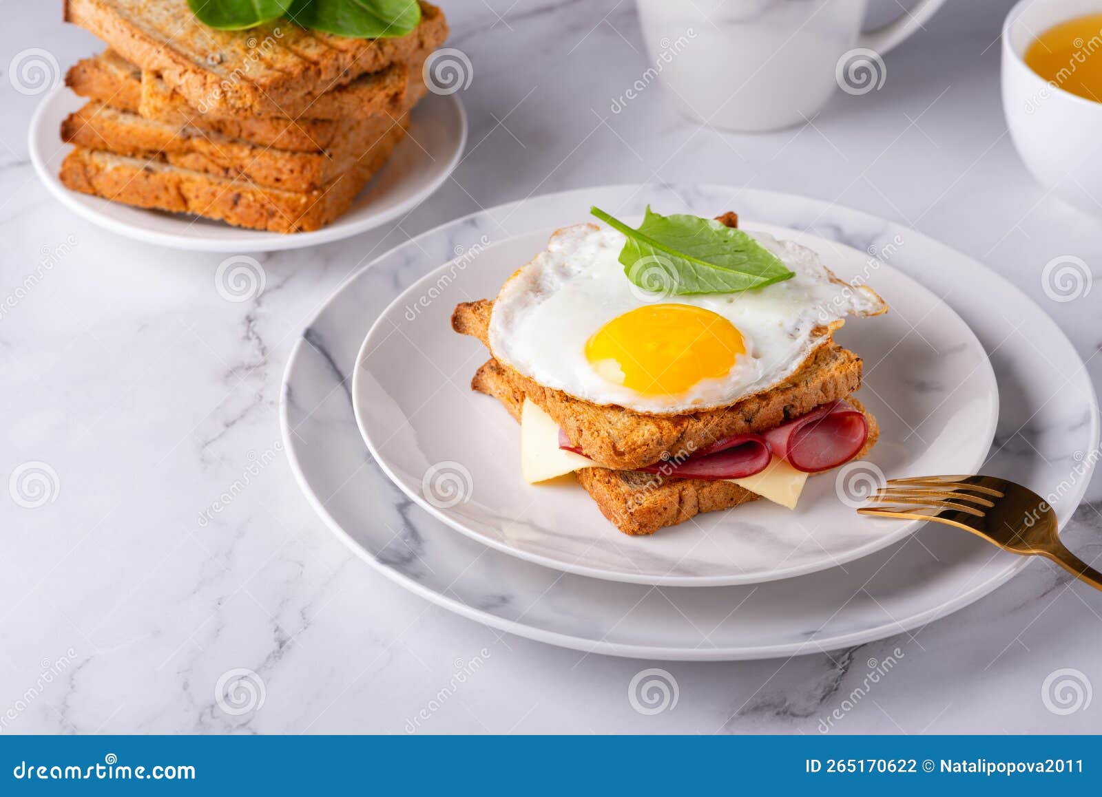 Slice of Toasted Bread with Ham and Fried Eggs Stock Photo - Image of ...