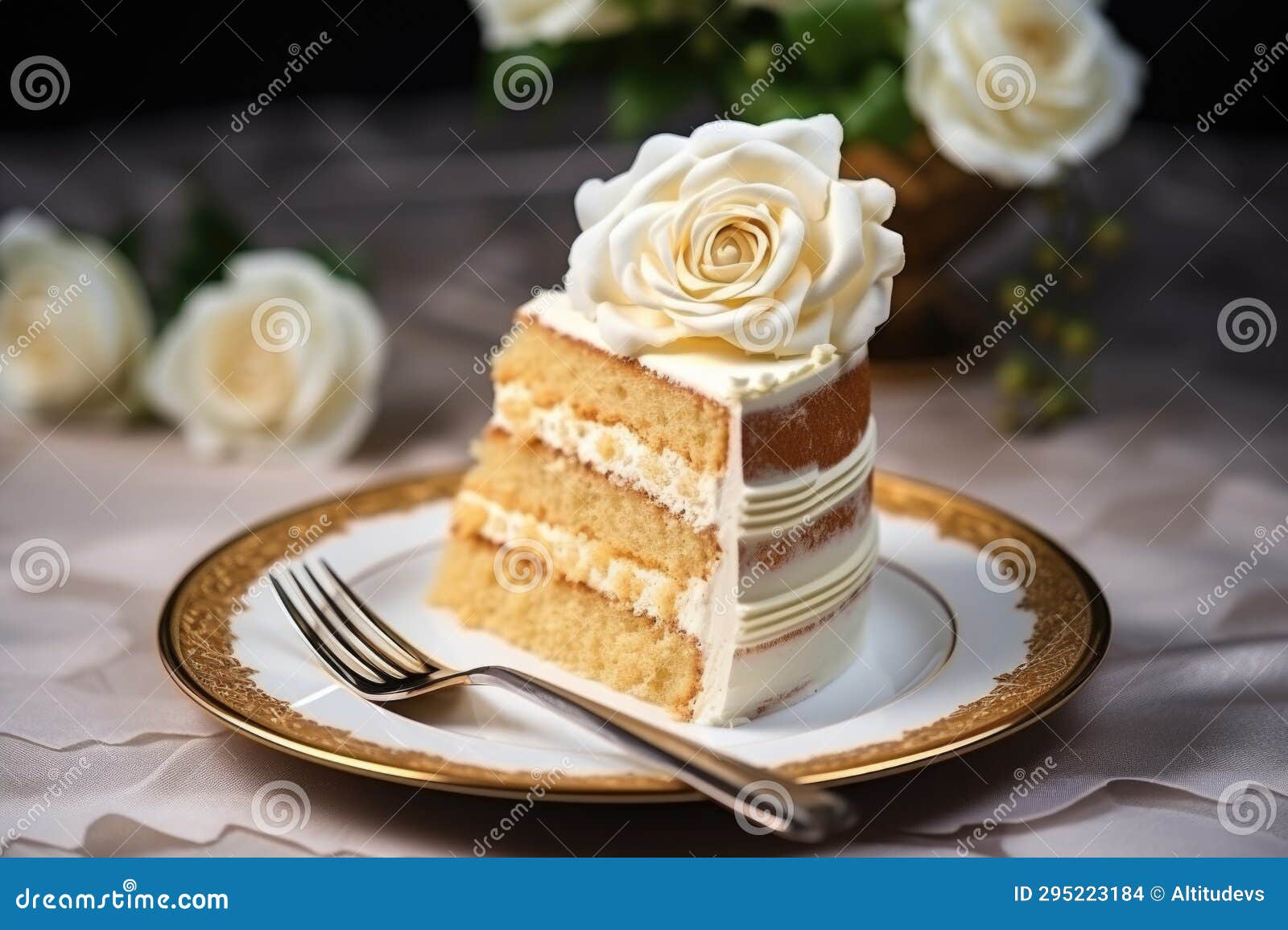 A Slice of Wedding Cake on a Decorated Plate Stock Photo - Image of ...