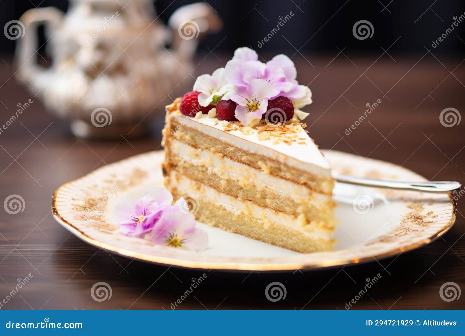 A Slice of Wedding Cake on a Decorated Plate Stock Image - Image of ...
