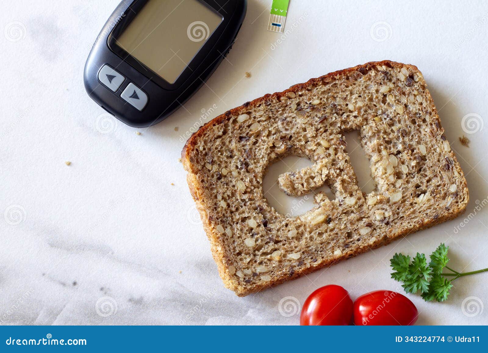 Slice of Whole Grain Bread with Symbol GI Cut Out, Glucometer, Glycemic ...