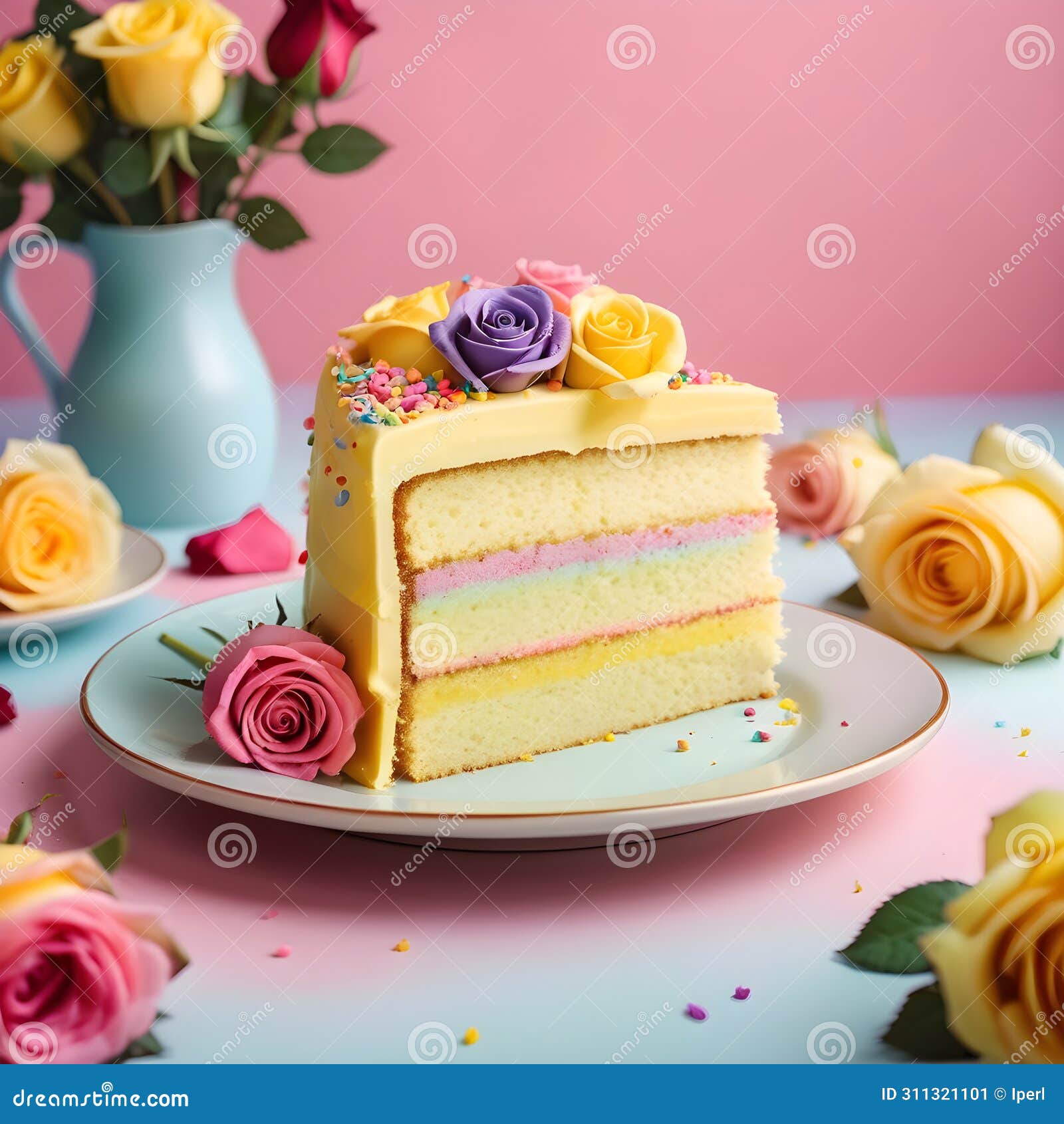 Slice of Yellow Cake with Roses Stock Illustration - Illustration of ...