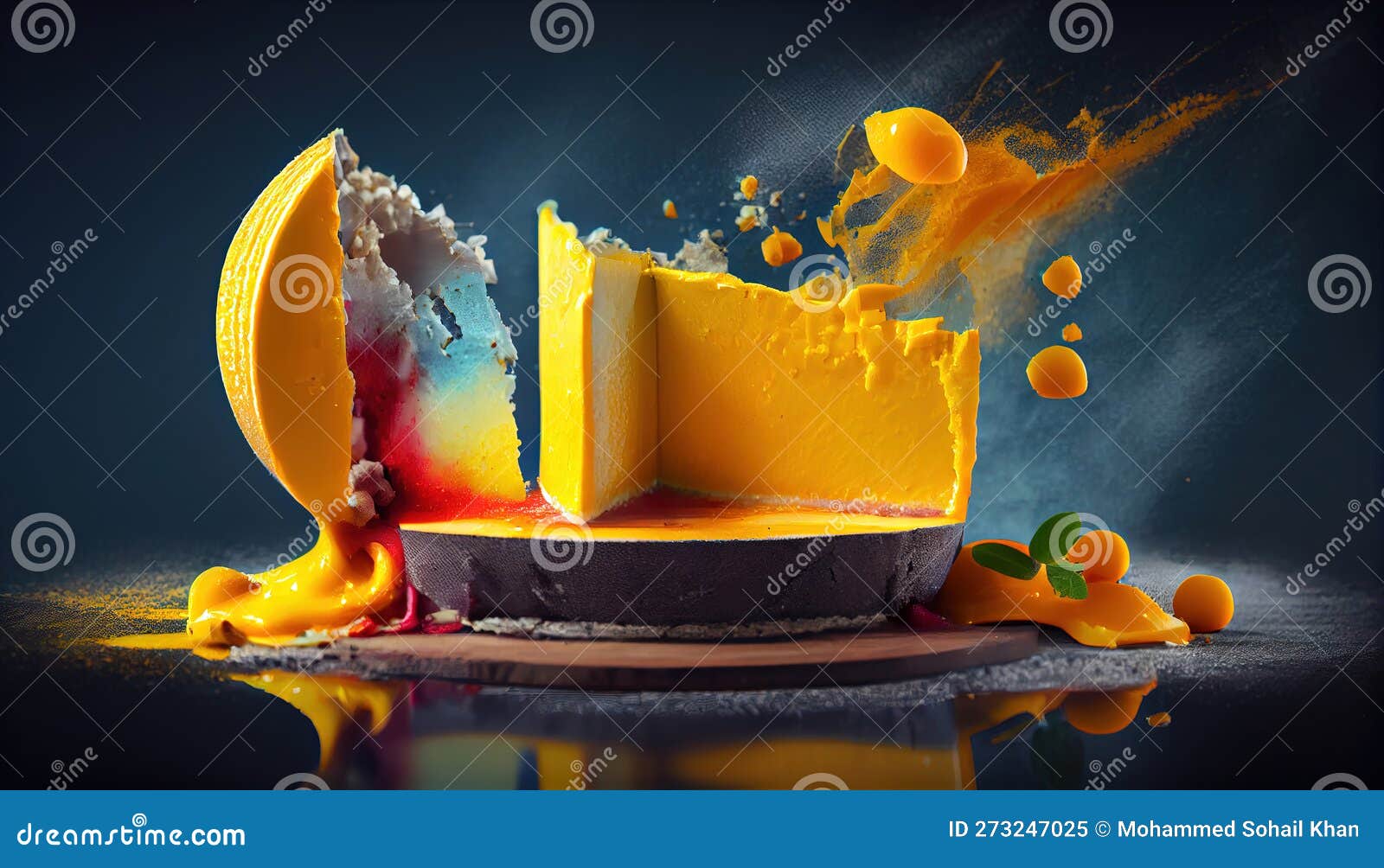 Slice of Yellow Mango Cake with Fruits on Table Dark Theme Background ...