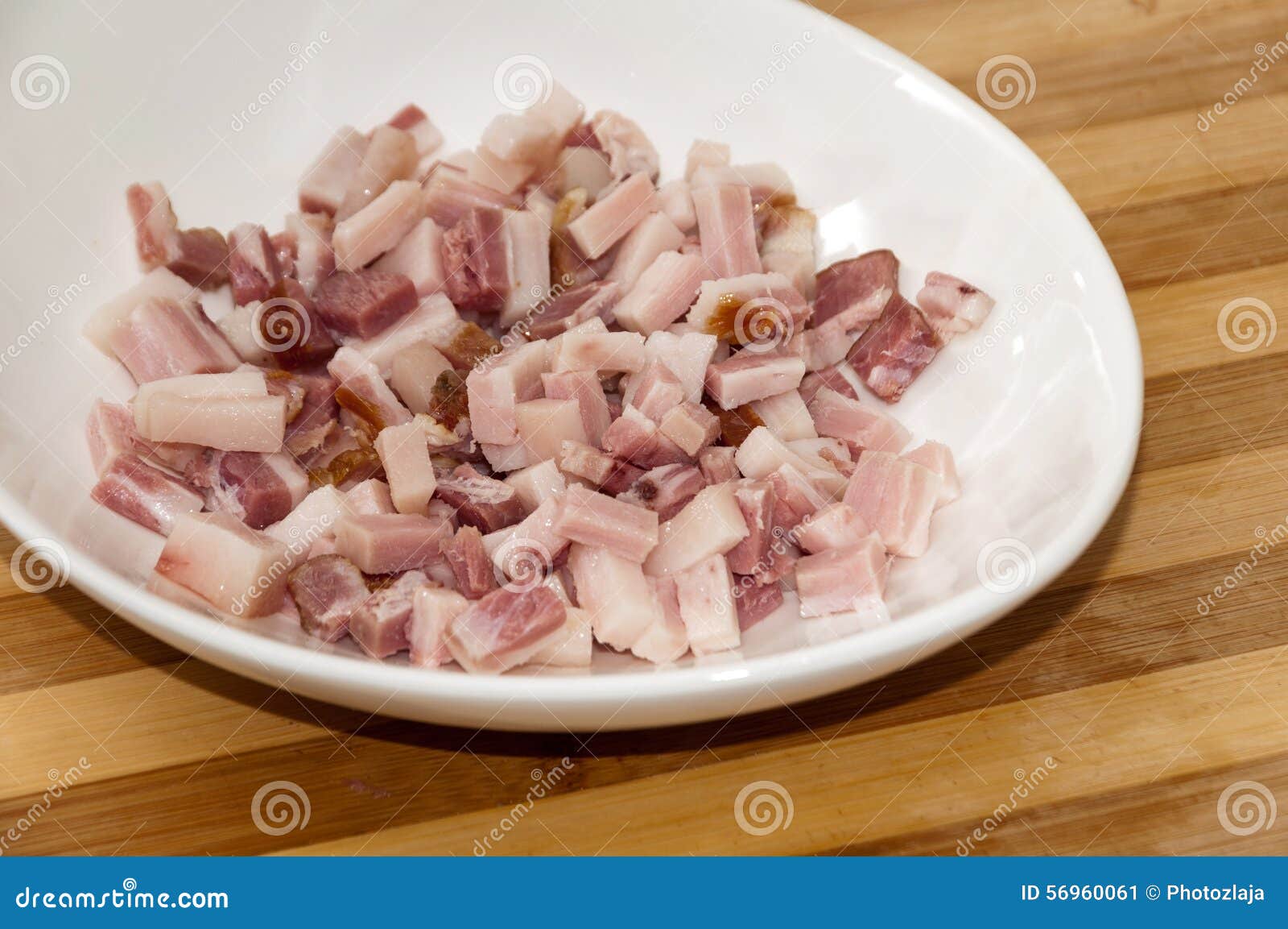 Sliced Bacon Cubes in the White Bowl Stock Image - Image of eating ...