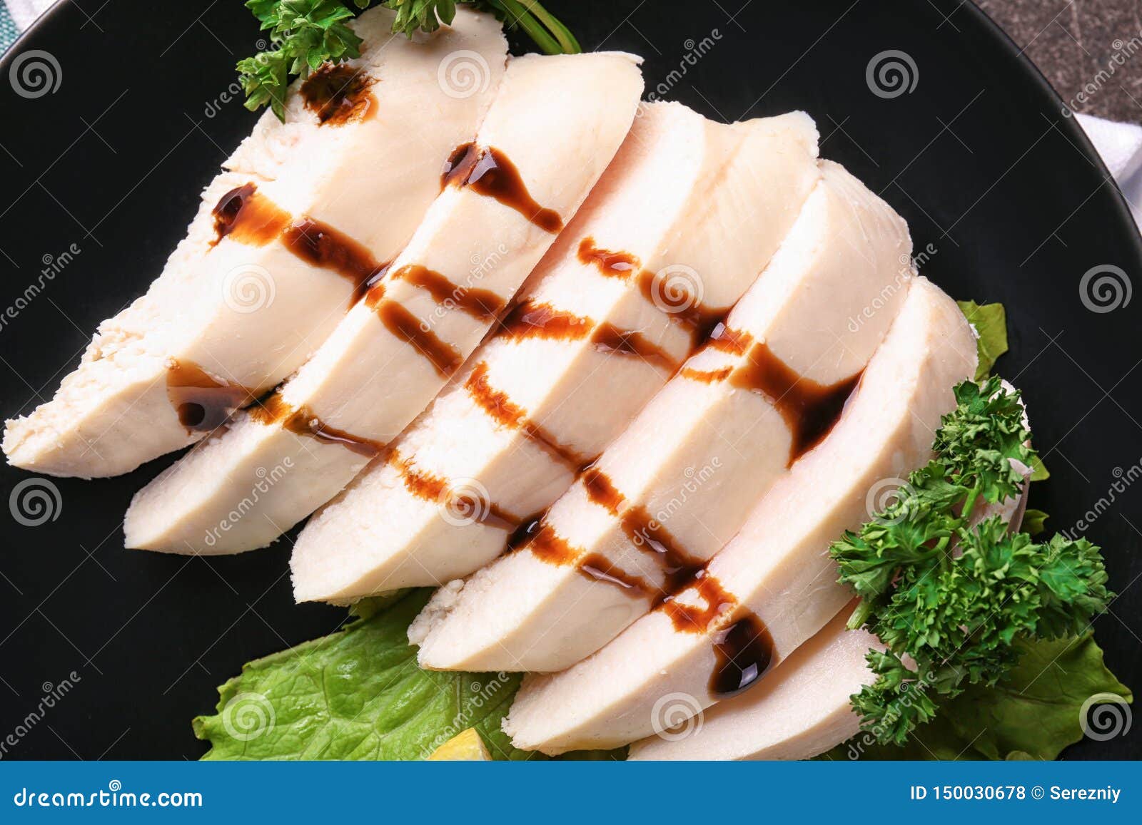 Sliced Boiled Chicken Fillet on Plate, Closeup Stock Photo - Image of ...