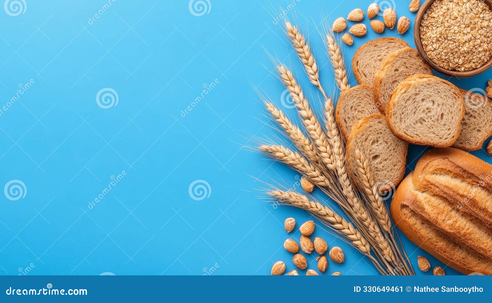 Sliced Bread and Wheat Grains on Blue Background Stock Illustration ...