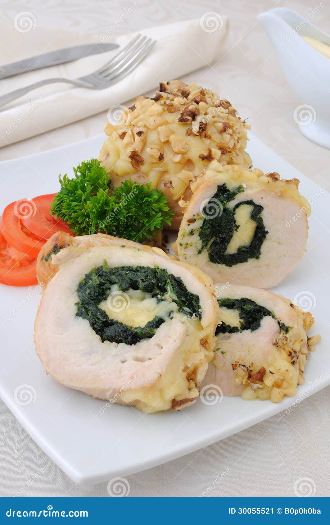 Chicken Roulade Stuffed with Spinach and Cheese Stock Image - Image of ...
