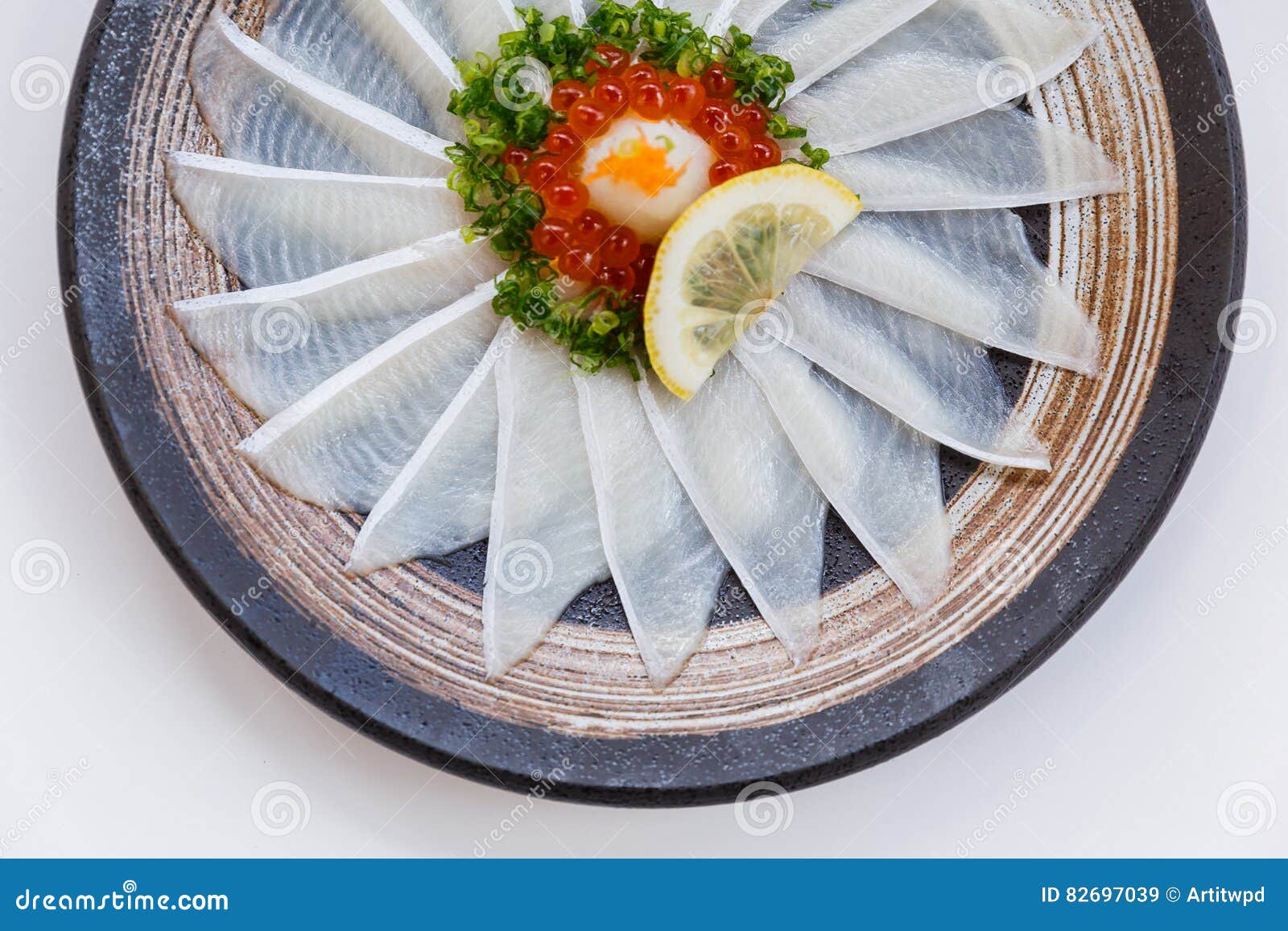 Sliced Cod Fish Sashimi Served with Ikura Salmon Roe, Scallion and ...