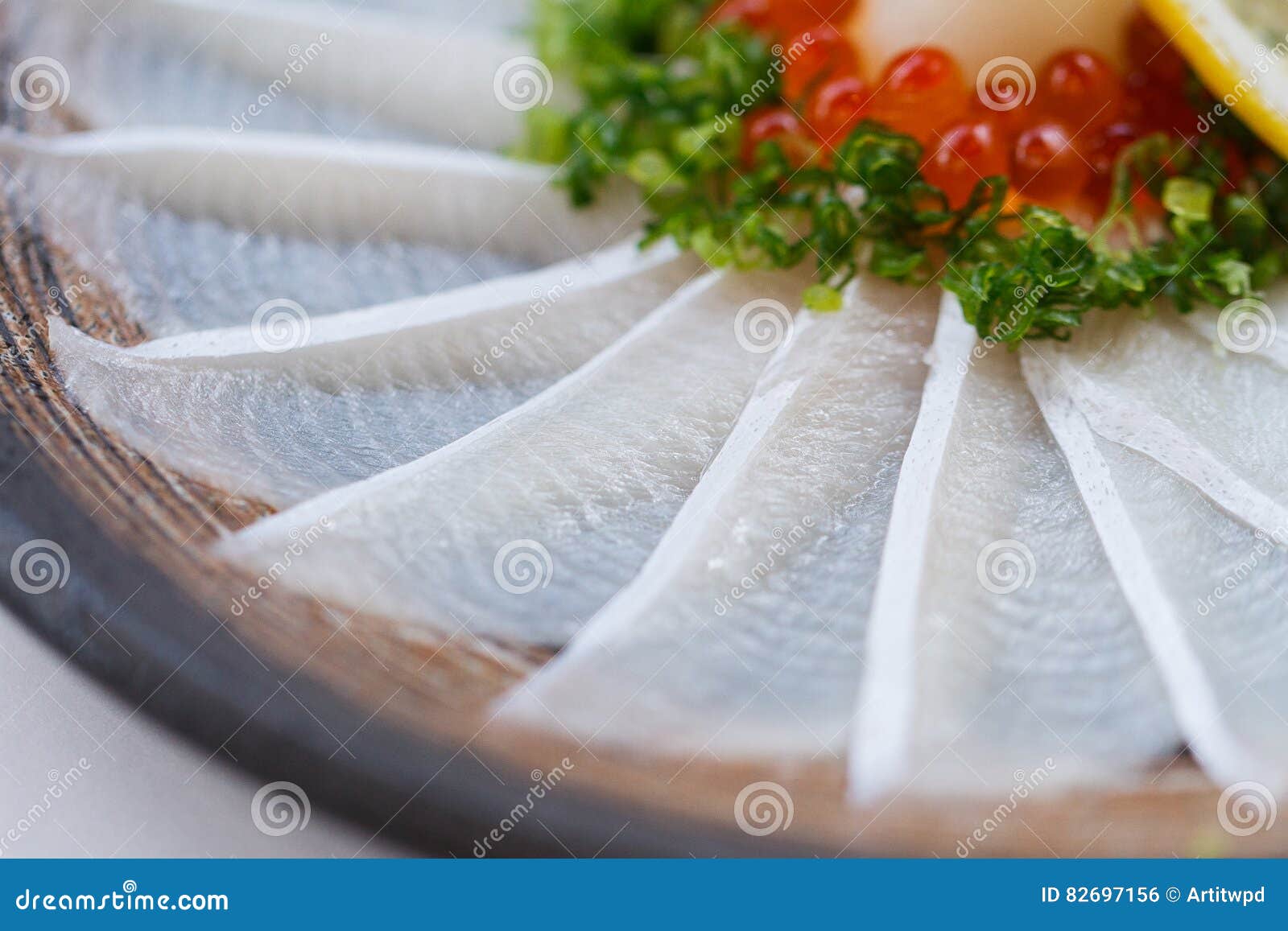 Sliced Cod Fish Sashimi Served with Ikura Salmon Roe, Scallion and ...