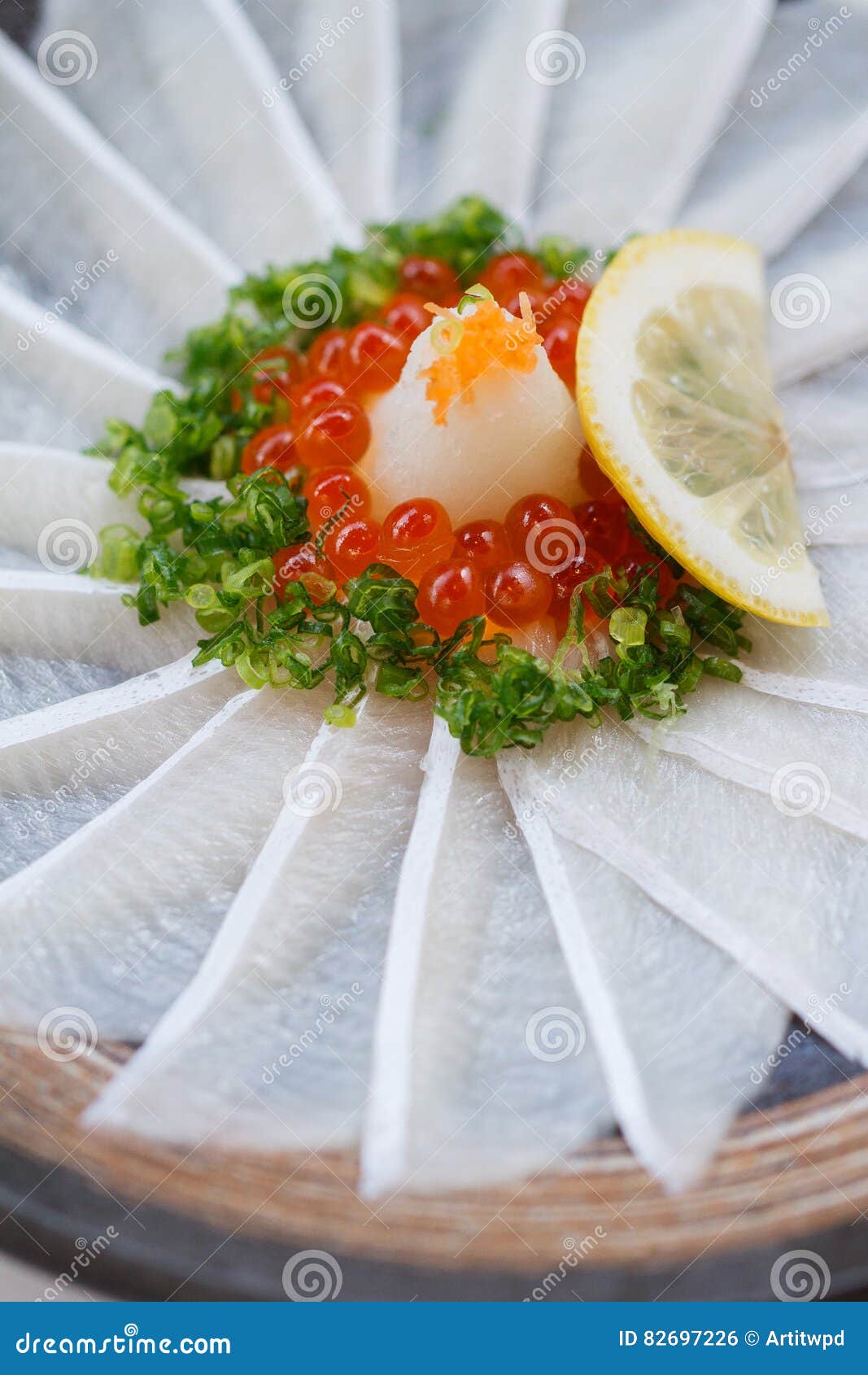 Sliced Cod Fish Sashimi Served with Ikura Salmon Roe, Scallion and ...