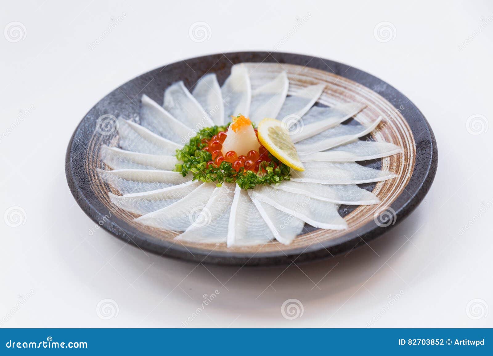 Sliced Cod Fish Sashimi Served with Ikura Salmon Roe, Scallion and ...