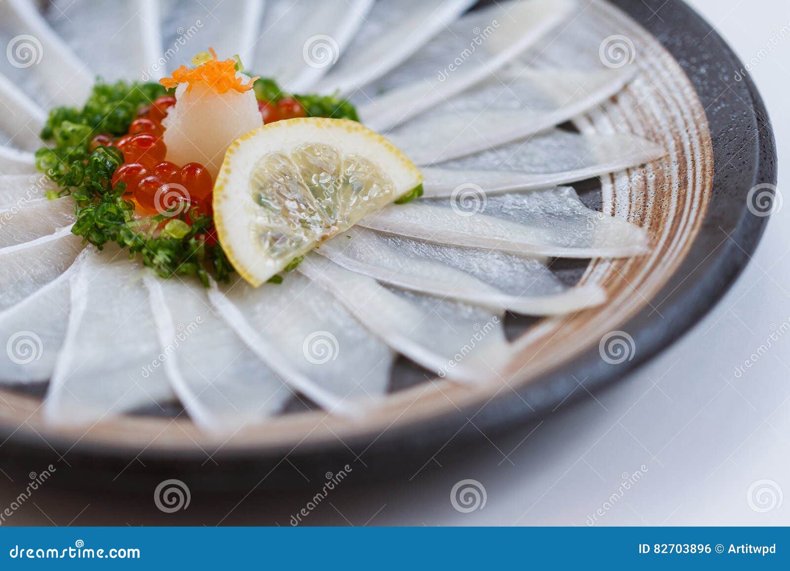 Sliced Cod Fish Sashimi Served with Ikura Salmon Roe, Scallion and ...