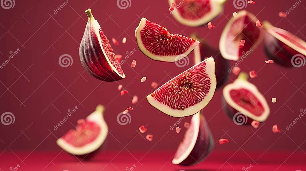 Sliced Figs Gracefully Float Against a Rich, Red Background, Creating a ...