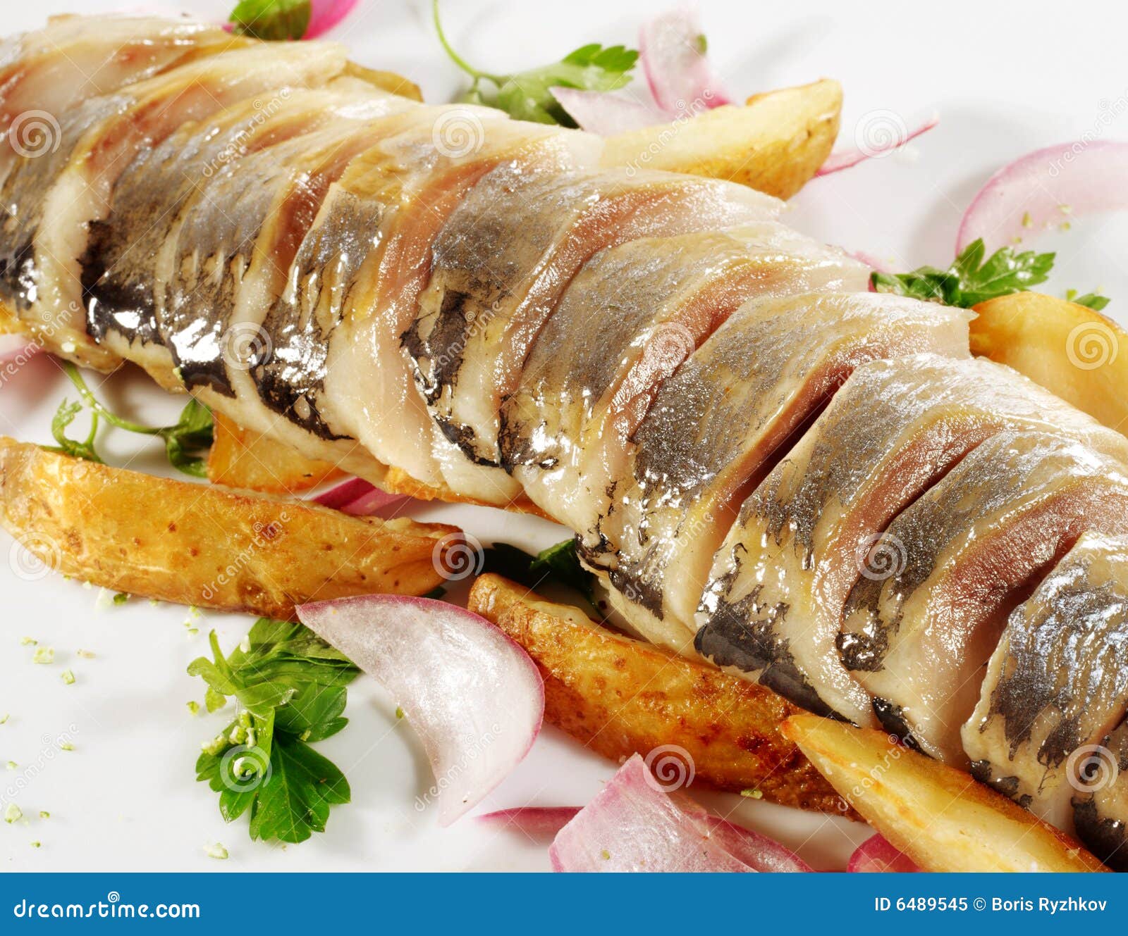 Sliced Fish with Baked Potatoes Stock Image - Image of fish, pepper ...