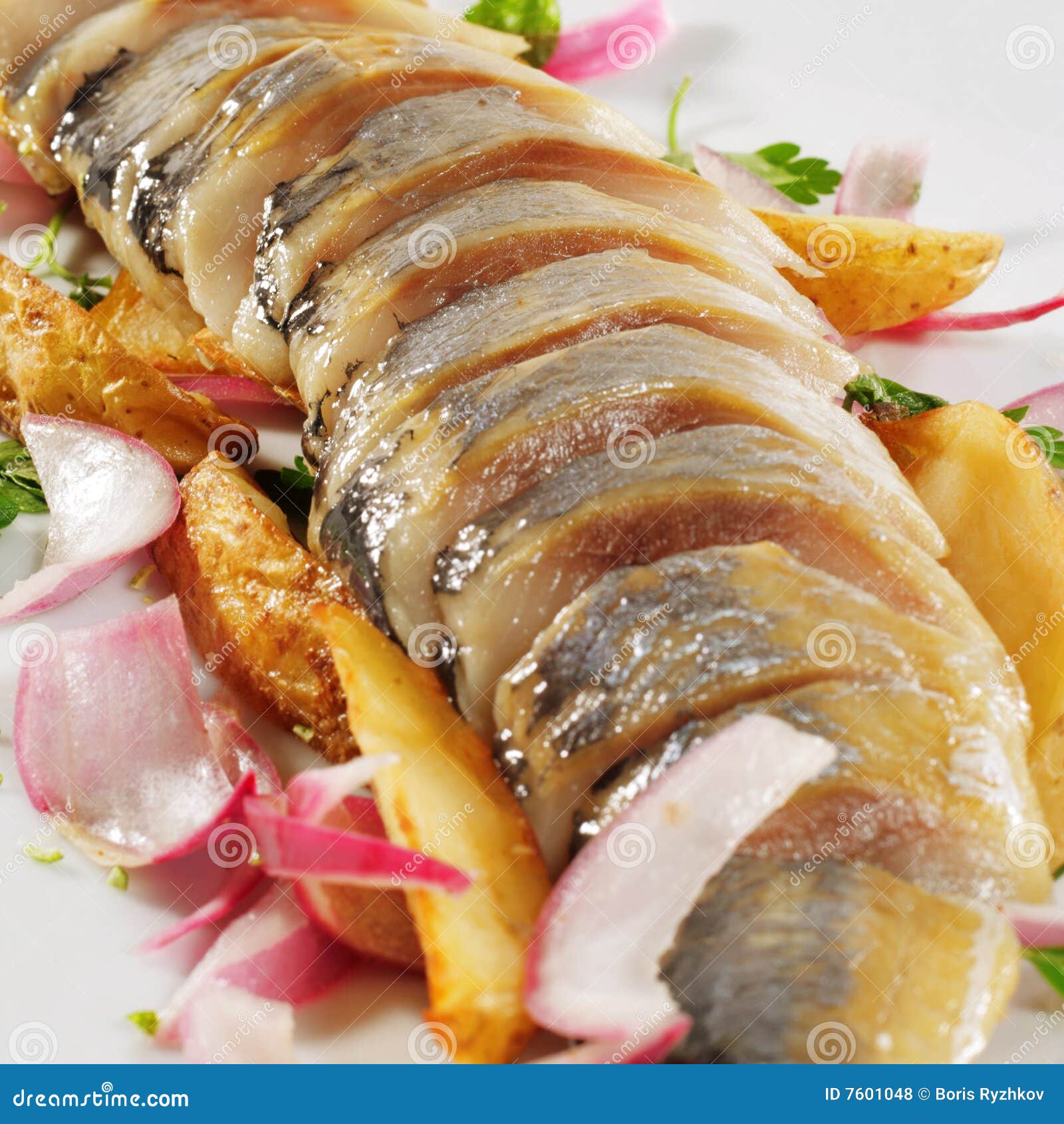 Sliced Fish with Baked Potatoes Stock Photo - Image of food ...