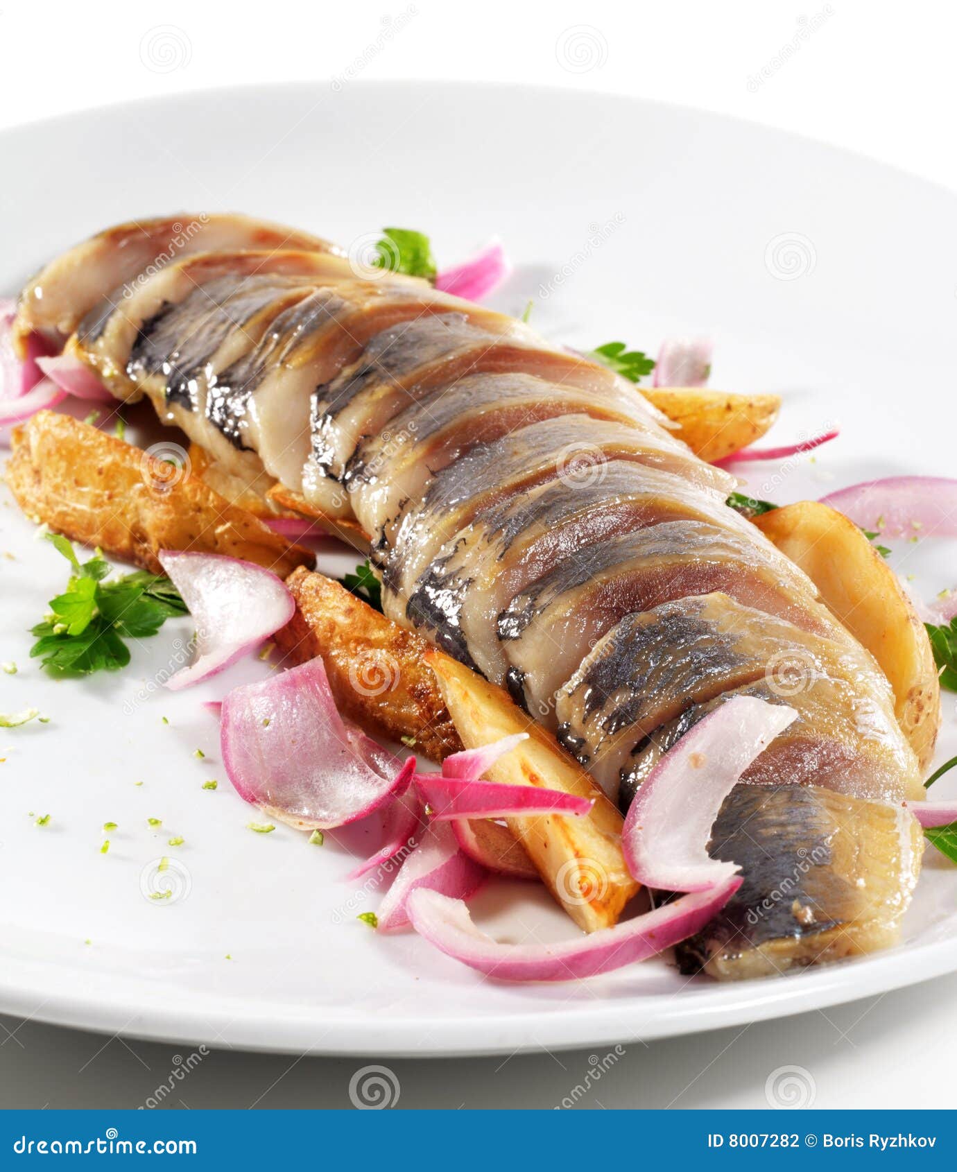 Sliced Fish with Baked Potatoes Stock Photo - Image of filet, baked ...