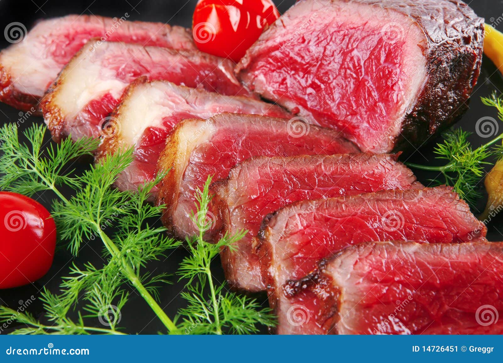 Sliced fresh meat on dark stock image. Image of grilled - 14726451