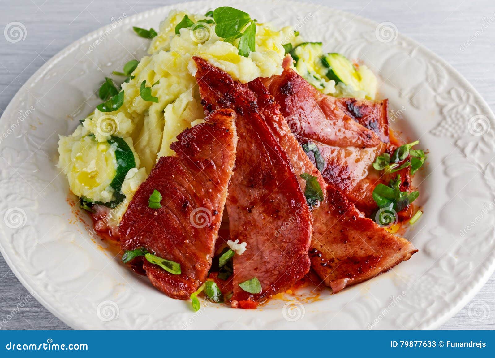 Sliced Gammon Steak with Mashed Potato on Wooden White Background ...