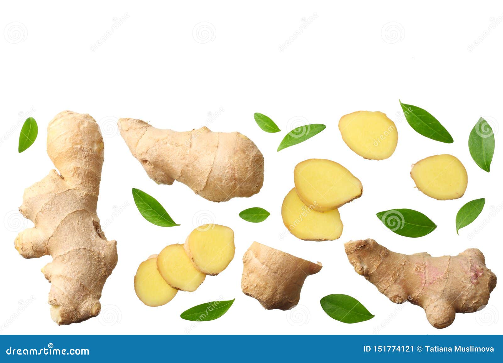 Sliced Ginger with Leaves Isolated on White Background Top View Stock ...