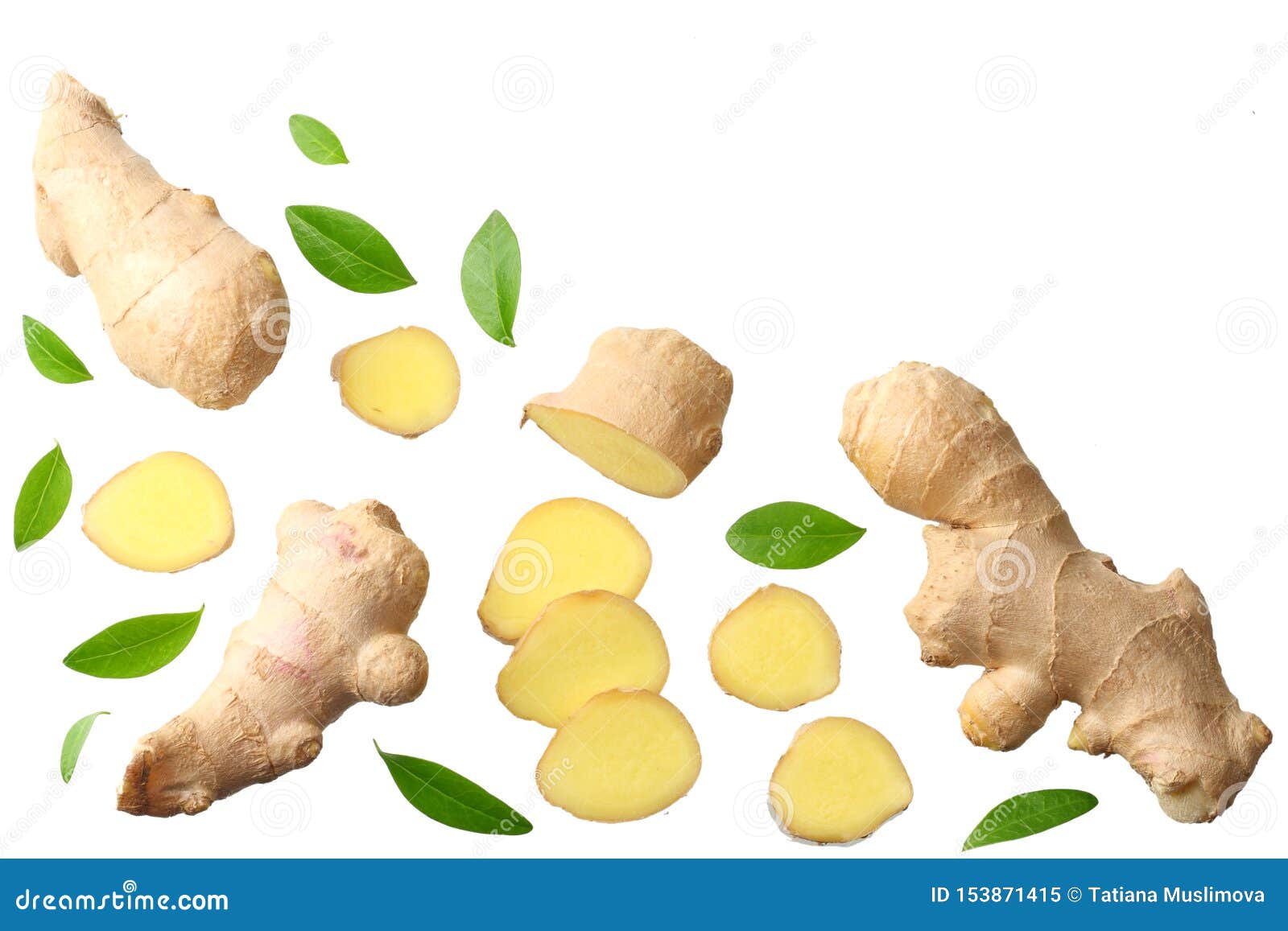 Sliced Ginger with Leaves Isolated on White Background Top View Stock ...