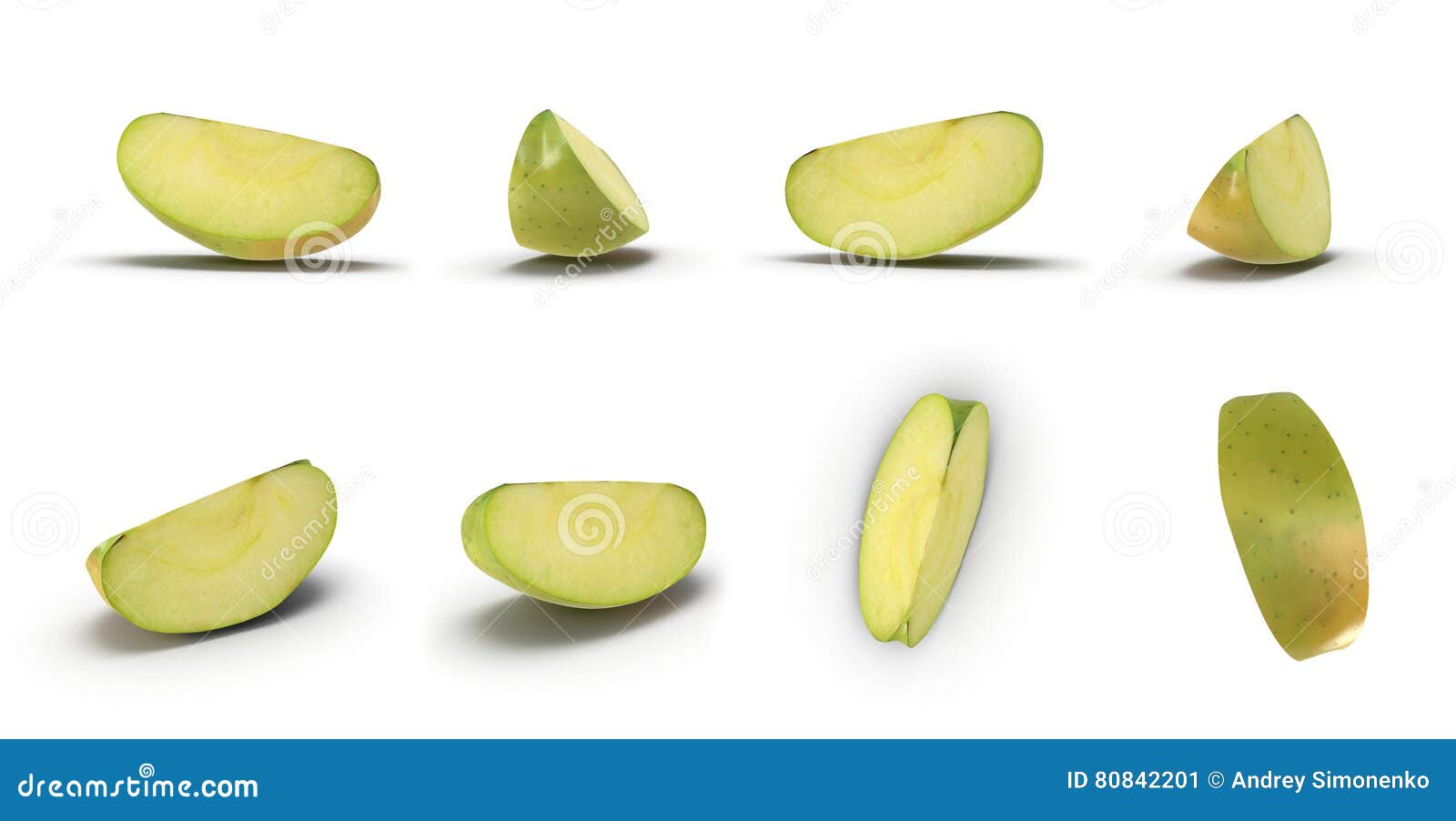 Sliced Green Apple Isolated on White. in Different Angles. 3D ...
