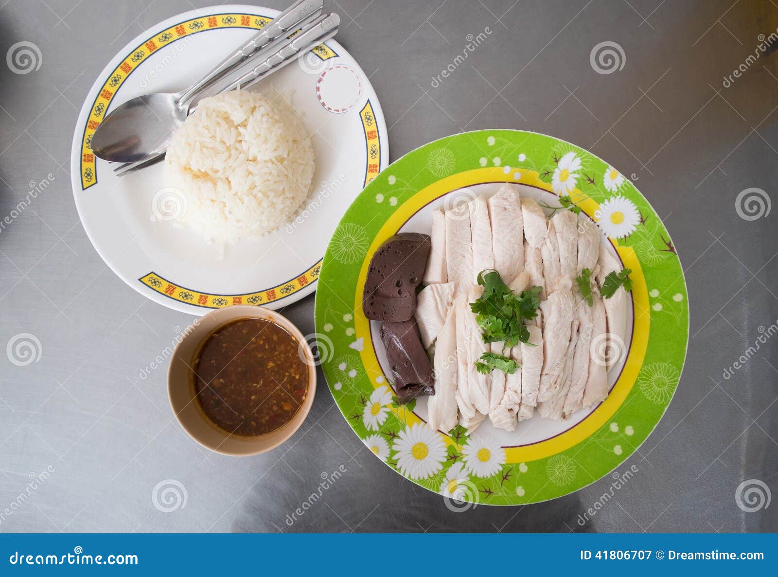 Sliced Hainan-style Chicken with Rice Stock Image - Image of skin ...