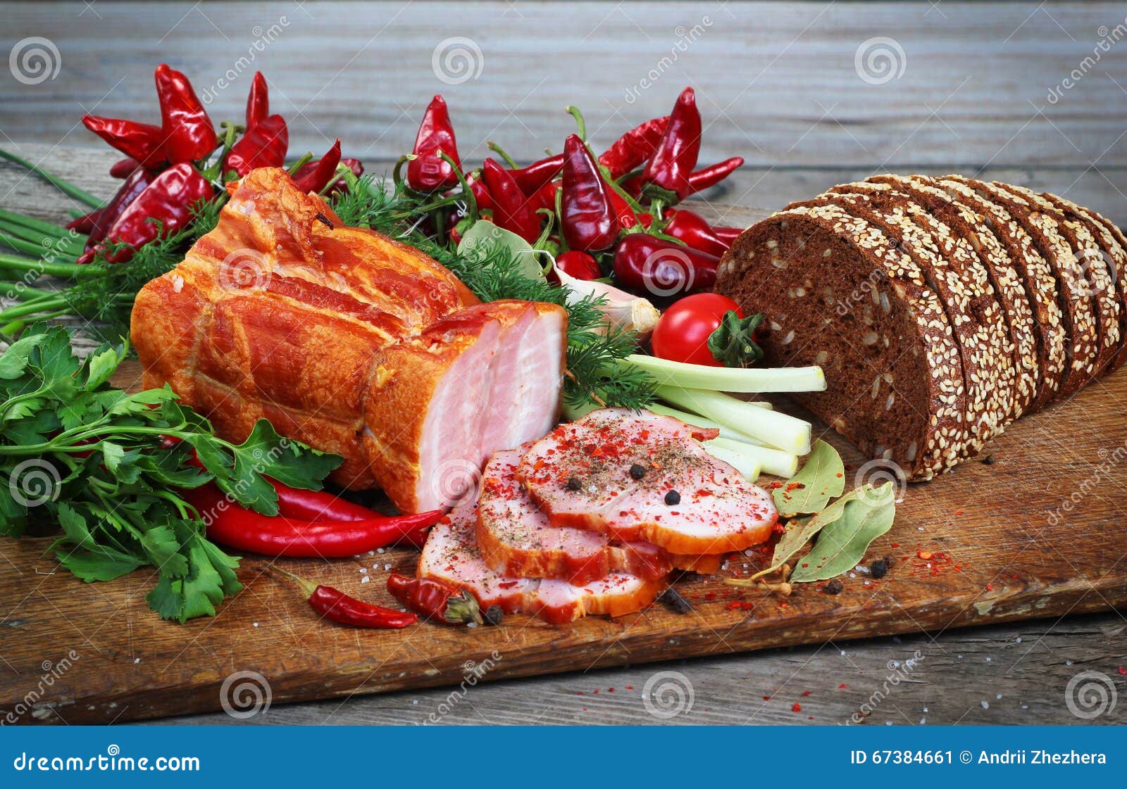 Sliced Ham and Bread with Green and Red Vegetables on Chopping B Stock ...