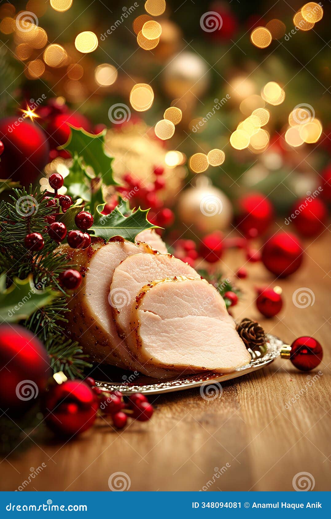 Sliced Ham on a Platter with Christmas Decor Stock Image - Image of ...