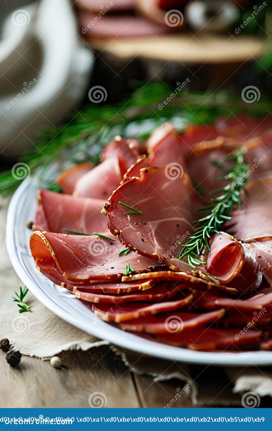 Sliced Ham on a Table in a White Plate Stock Image - Image of leaf ...