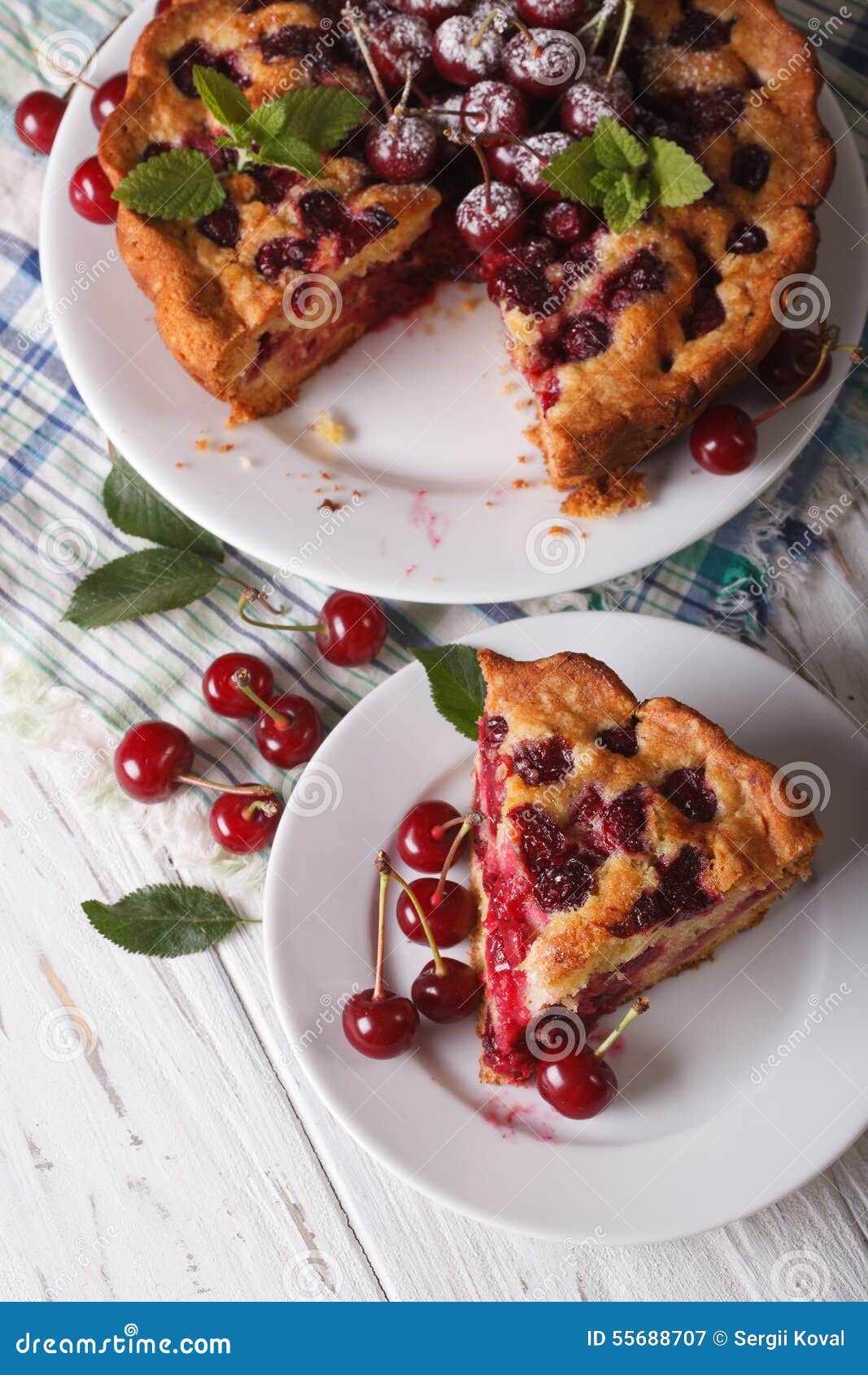 Sliced Homemade Cake with Cherries Closeup. Vertical Top View Stock ... Sliced Homemade Cake with Cherries Closeup. Vertical Top View Stock ...