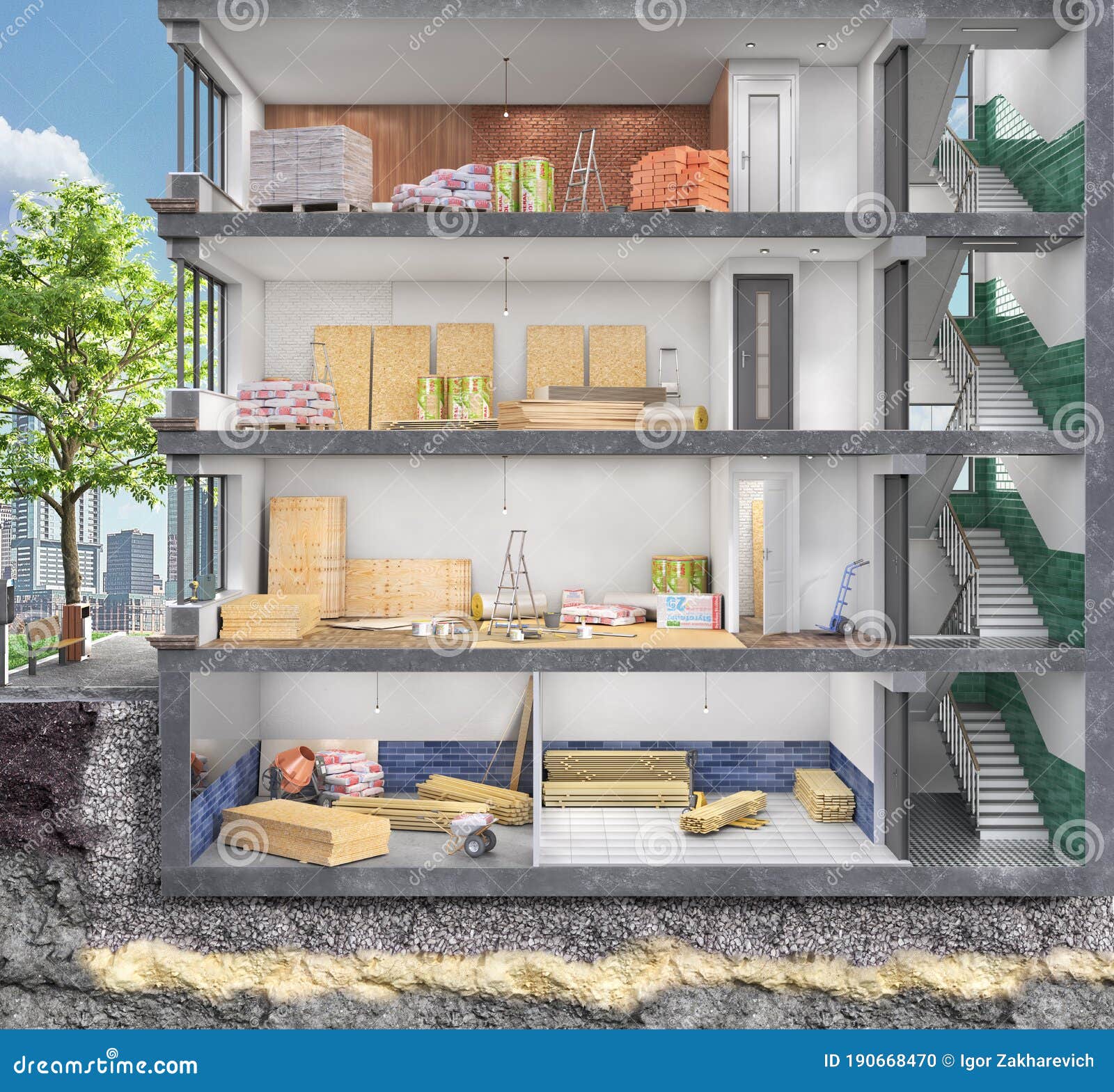 Sliced House With Furniture And Blueprint On White Background. Stock ...