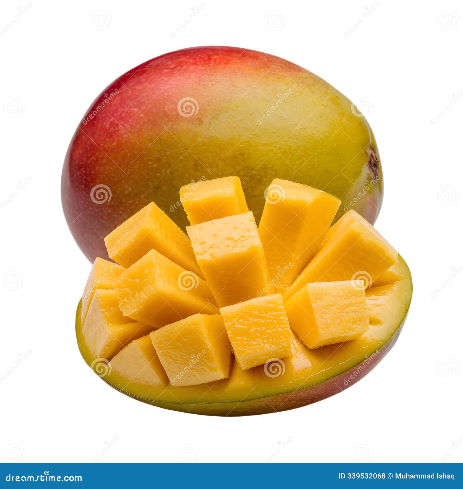Sliced Mango Chunks in Front, Reddish Brown Whole Mango Behind, White ...