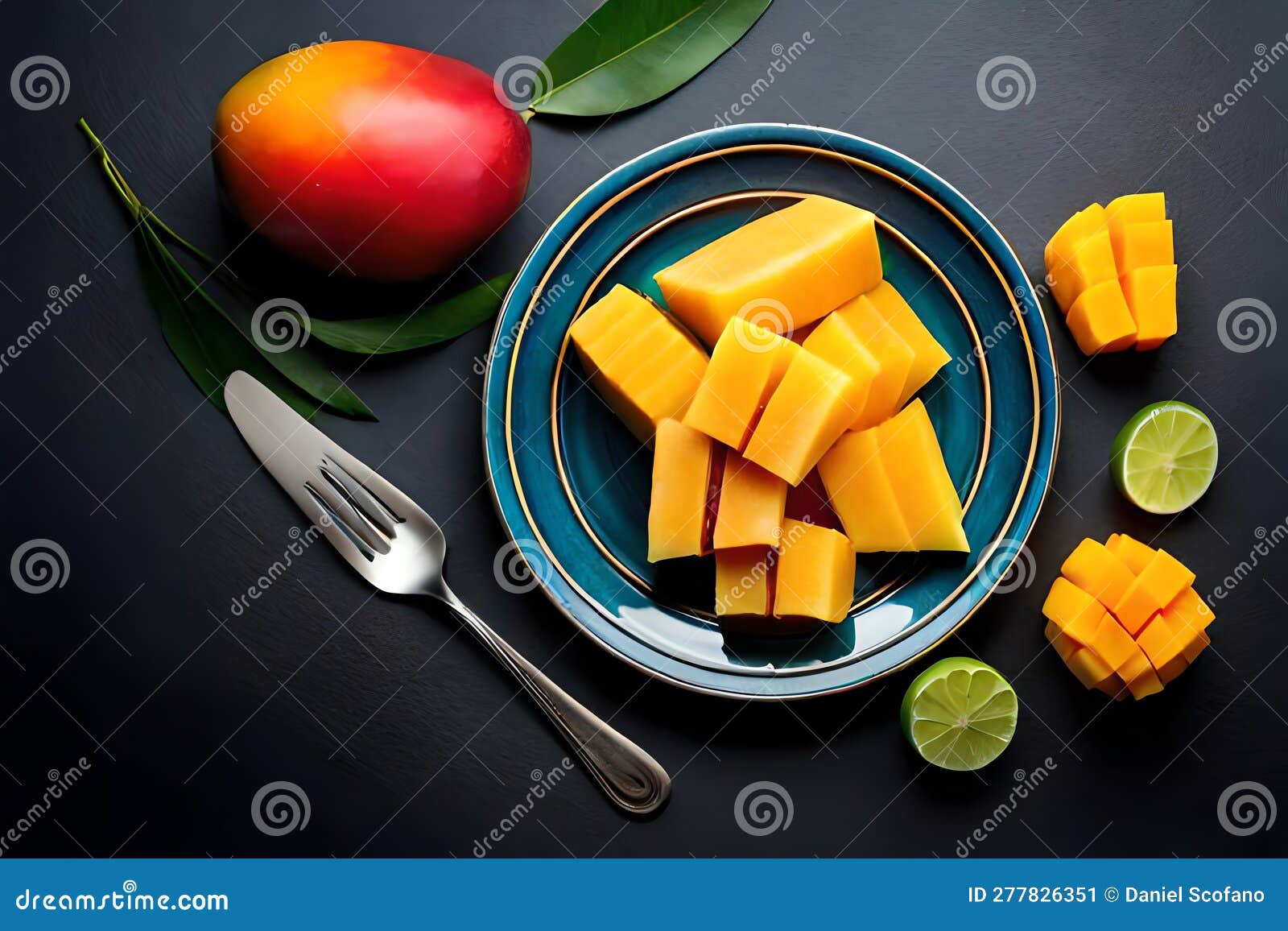 Sliced Mango, Mango Chunks, Leaves, and Juice Arranged on Dark ...