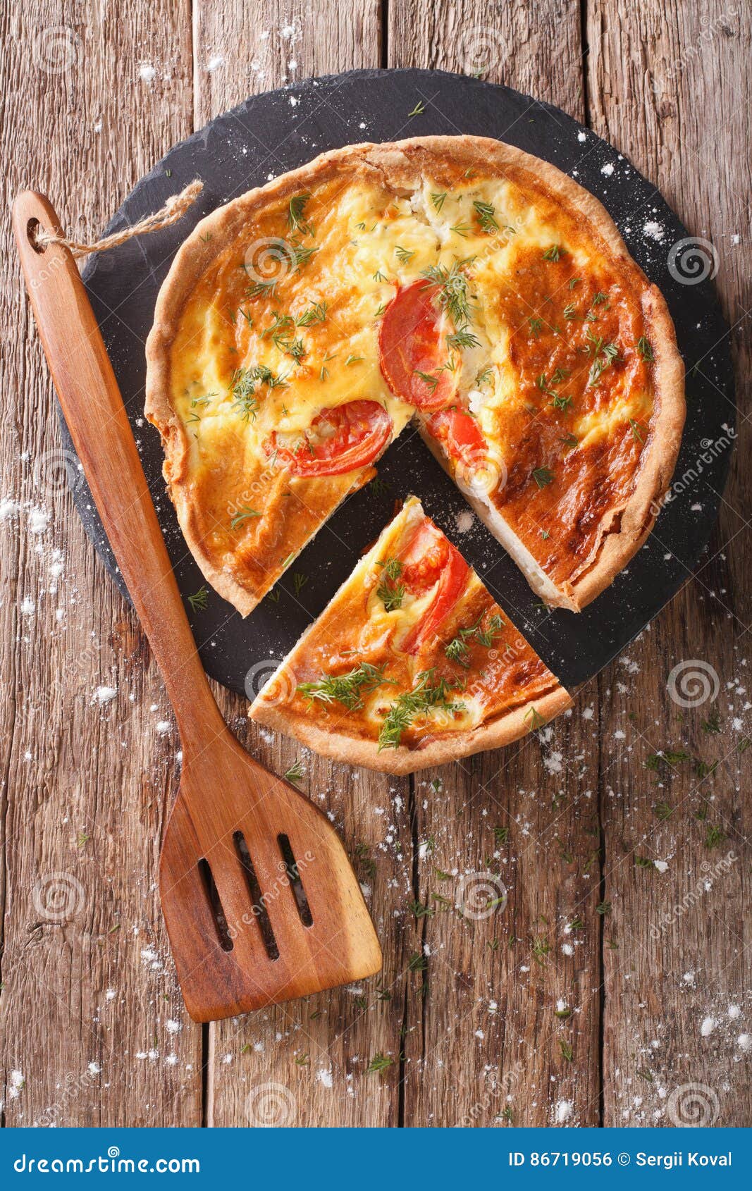Sliced Pie with Cream Cheese, Tomatoes and Herbs Closeup. Vertical Top ...