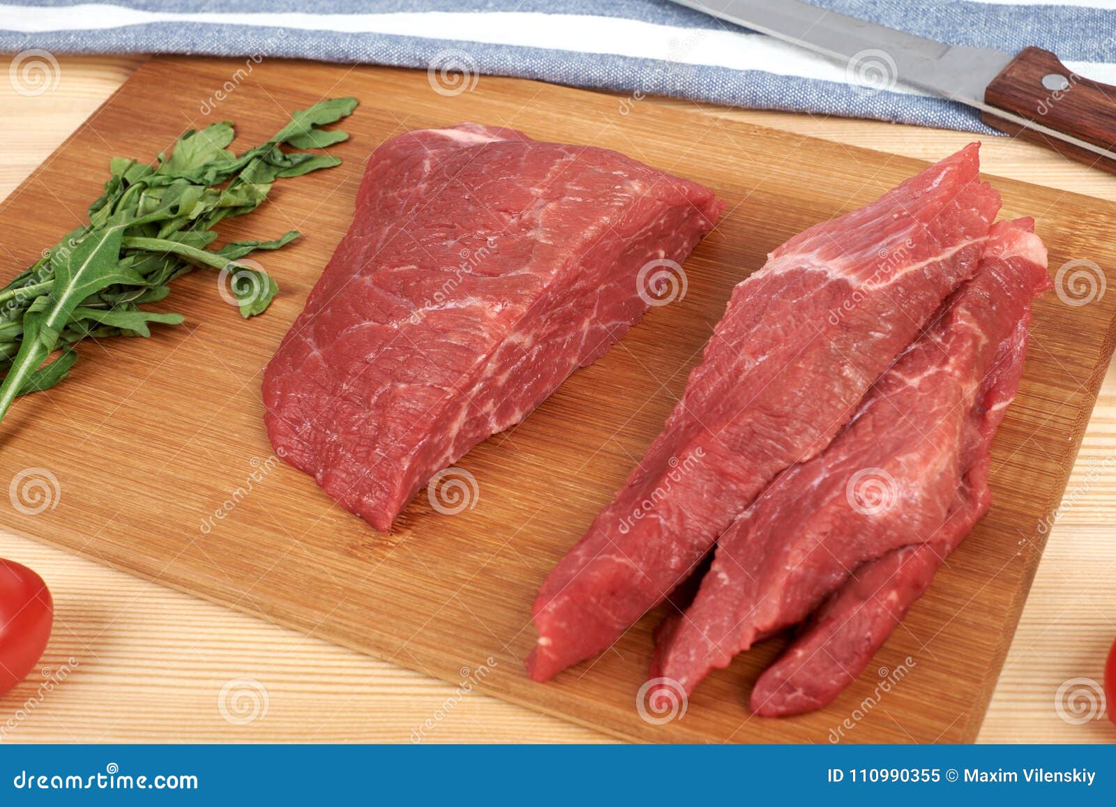 Sliced Raw Beef on Cutting Board and Vegetables Stock Image - Image of ...