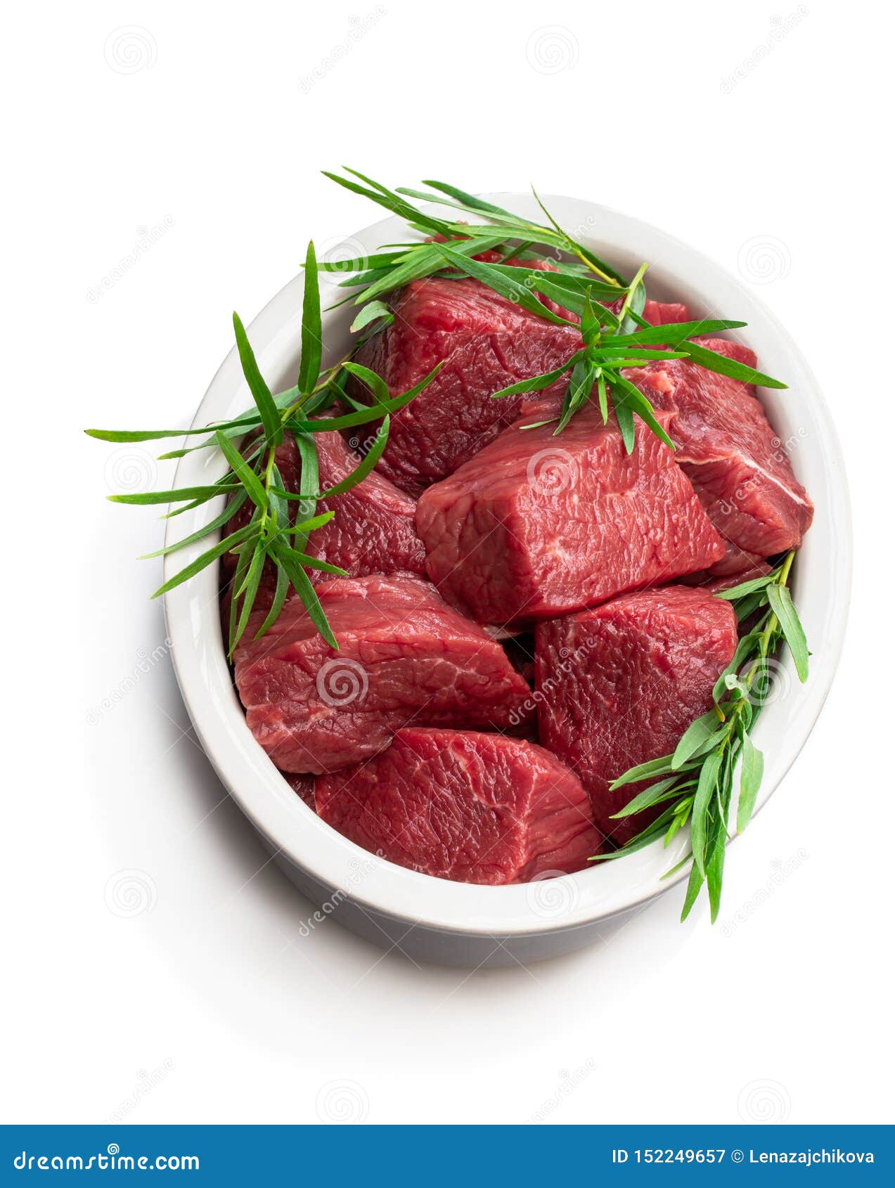 Sliced Raw Beef with Tarragon Herb in Ceramic Bowl Isolated on White ...