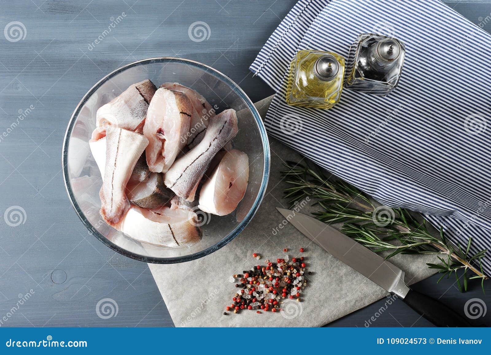 Sliced Raw Fish of the Cod in a Deep Bowl Stock Image - Image of pepper ...