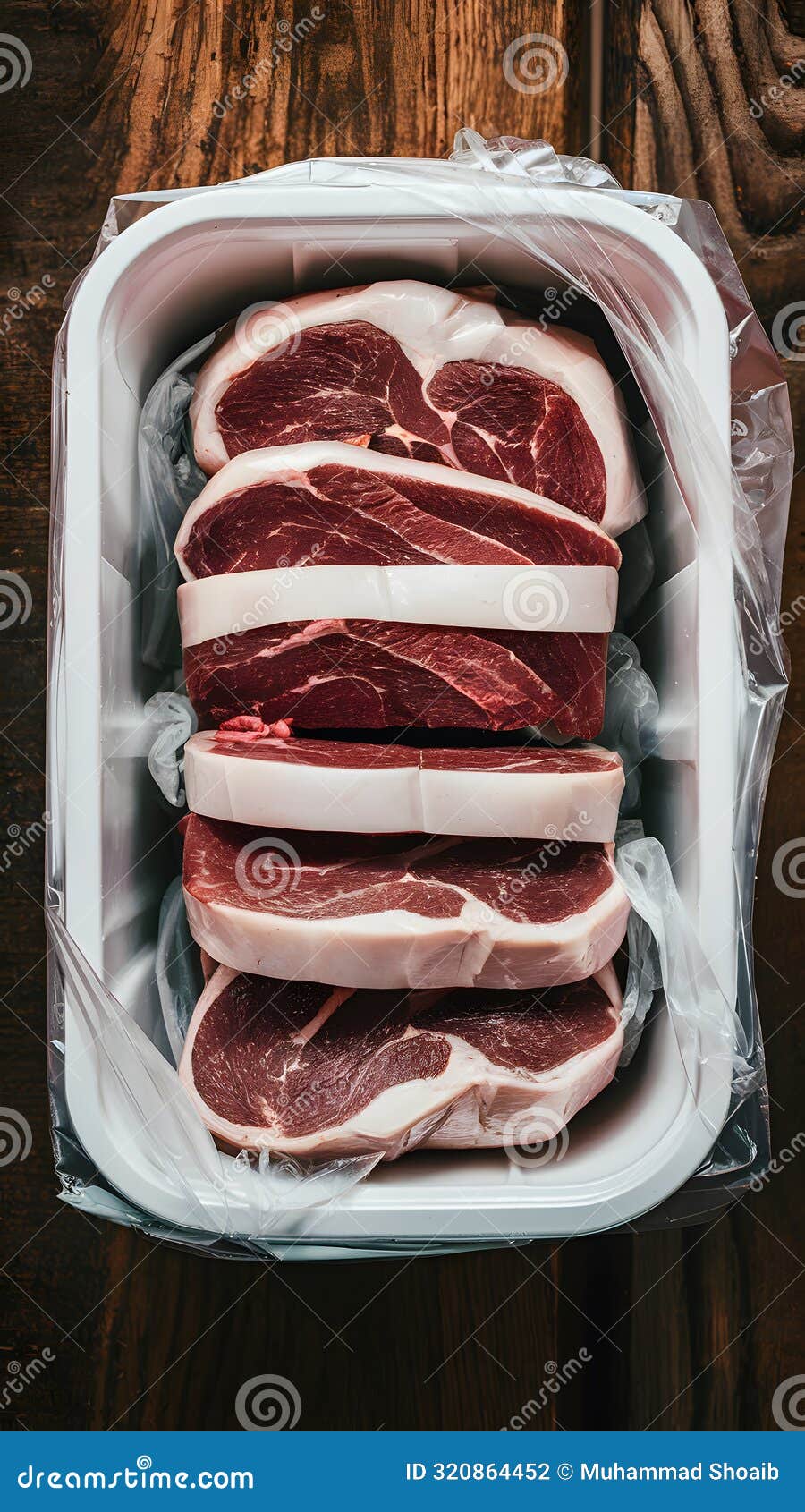 Sliced Raw Meat in Plastic Container on Wood, Focus on Textures and ...