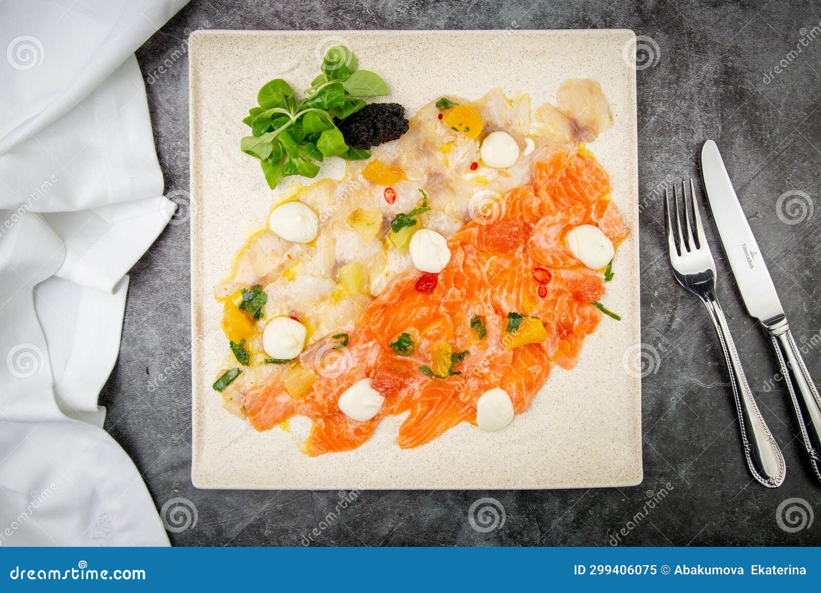 Sliced Red and White Fish with Mozzarella Cheese and Herbs, Top View ...