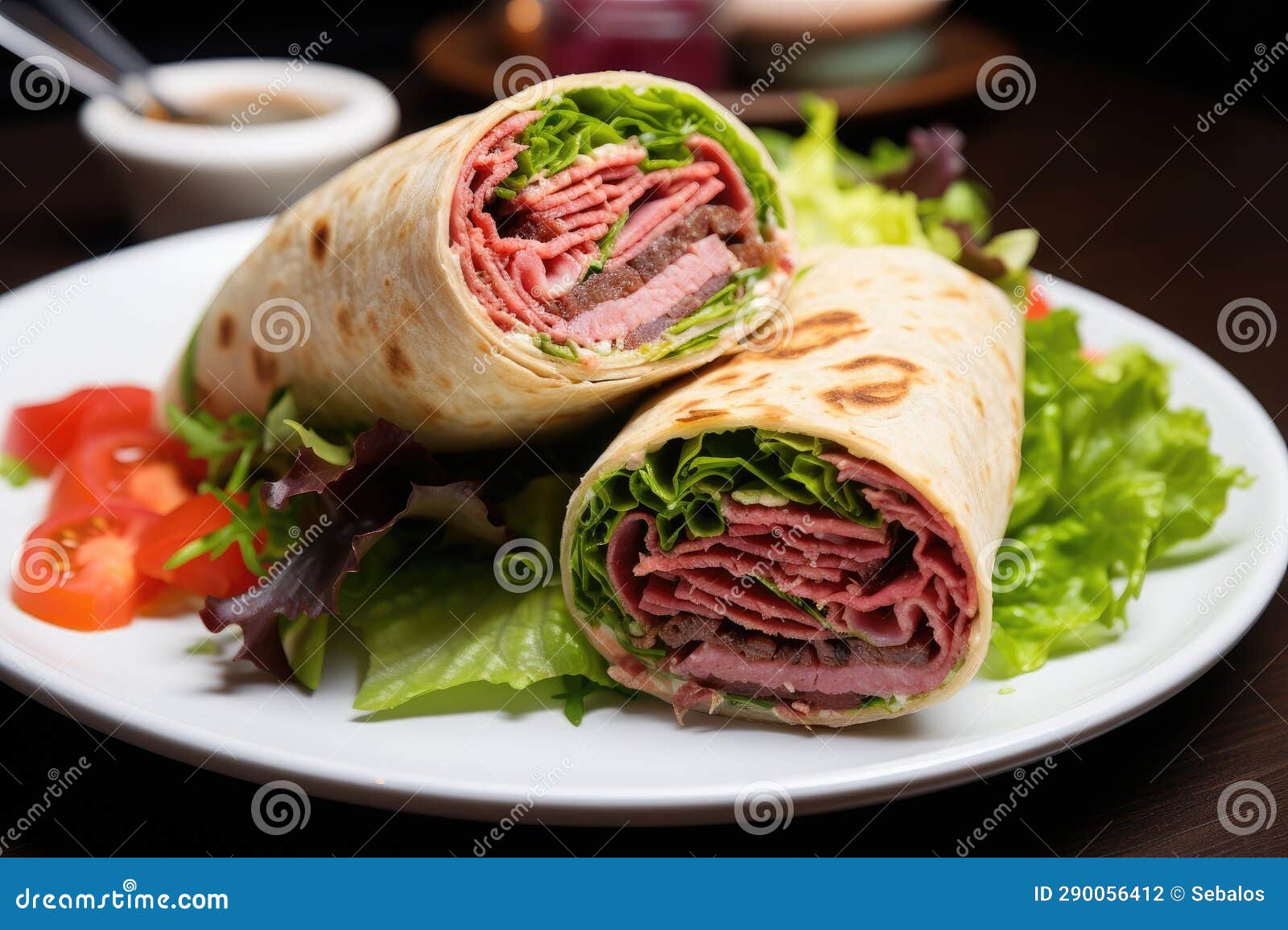 Sliced Roast Beef Wrap with Lettuce on a White Plate Stock Illustration ...