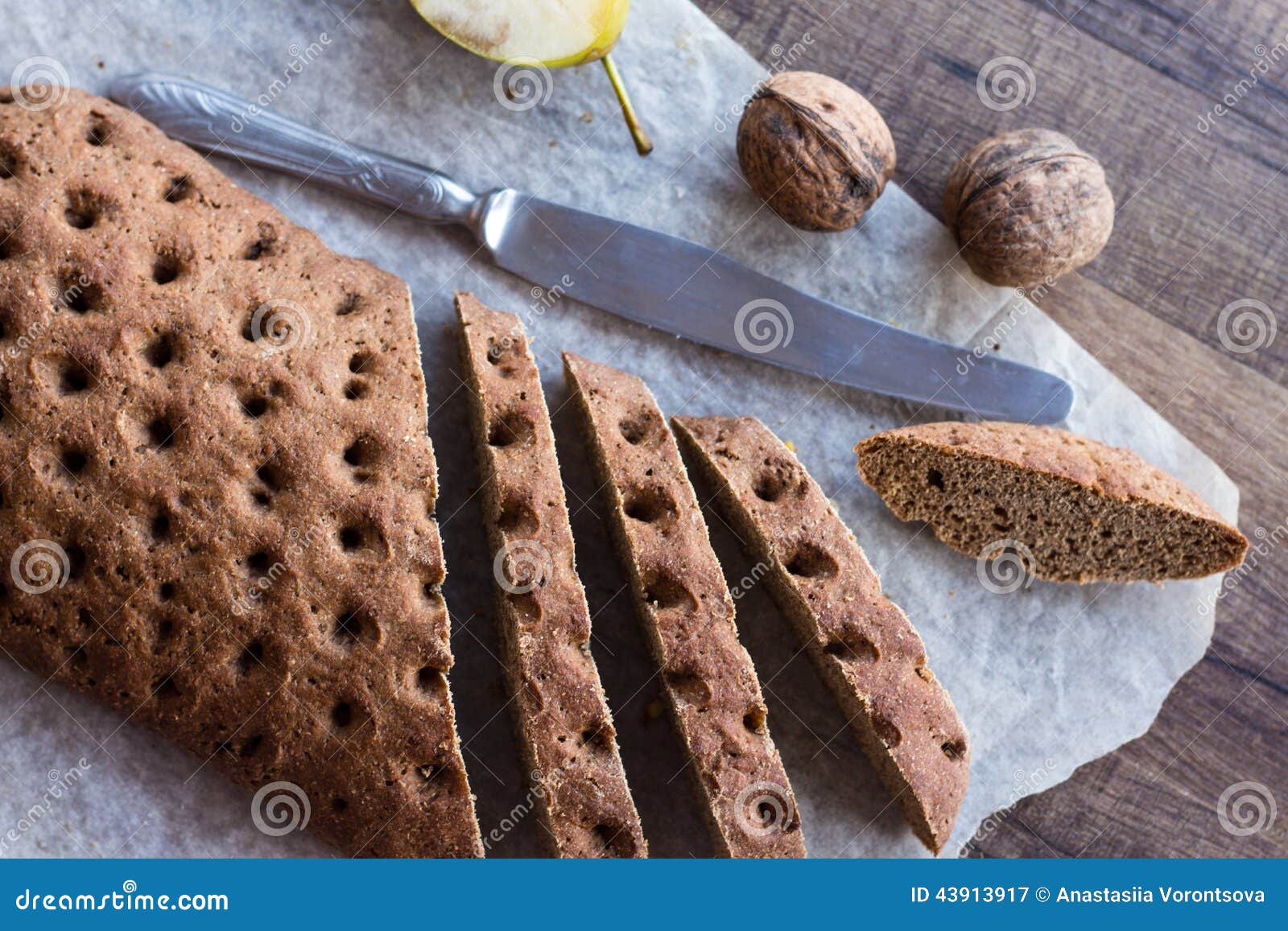 Sliced Rye Bread with a Knife, Walnuts, Top View Stock Image - Image of ...