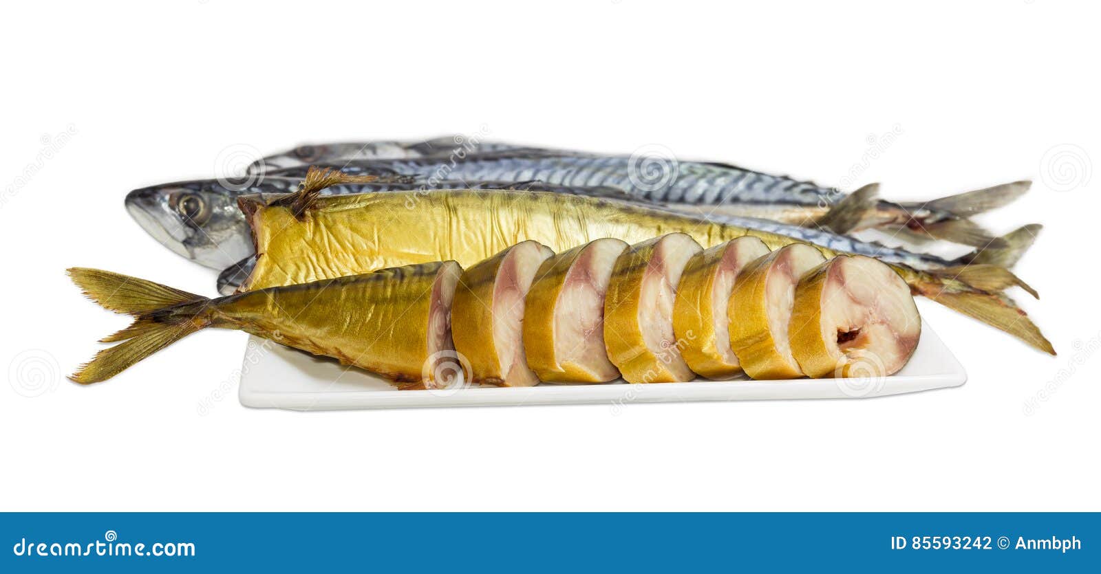 Sliced Smoked Atlantic Mackerel on Background of Uncooked Fish Stock ...