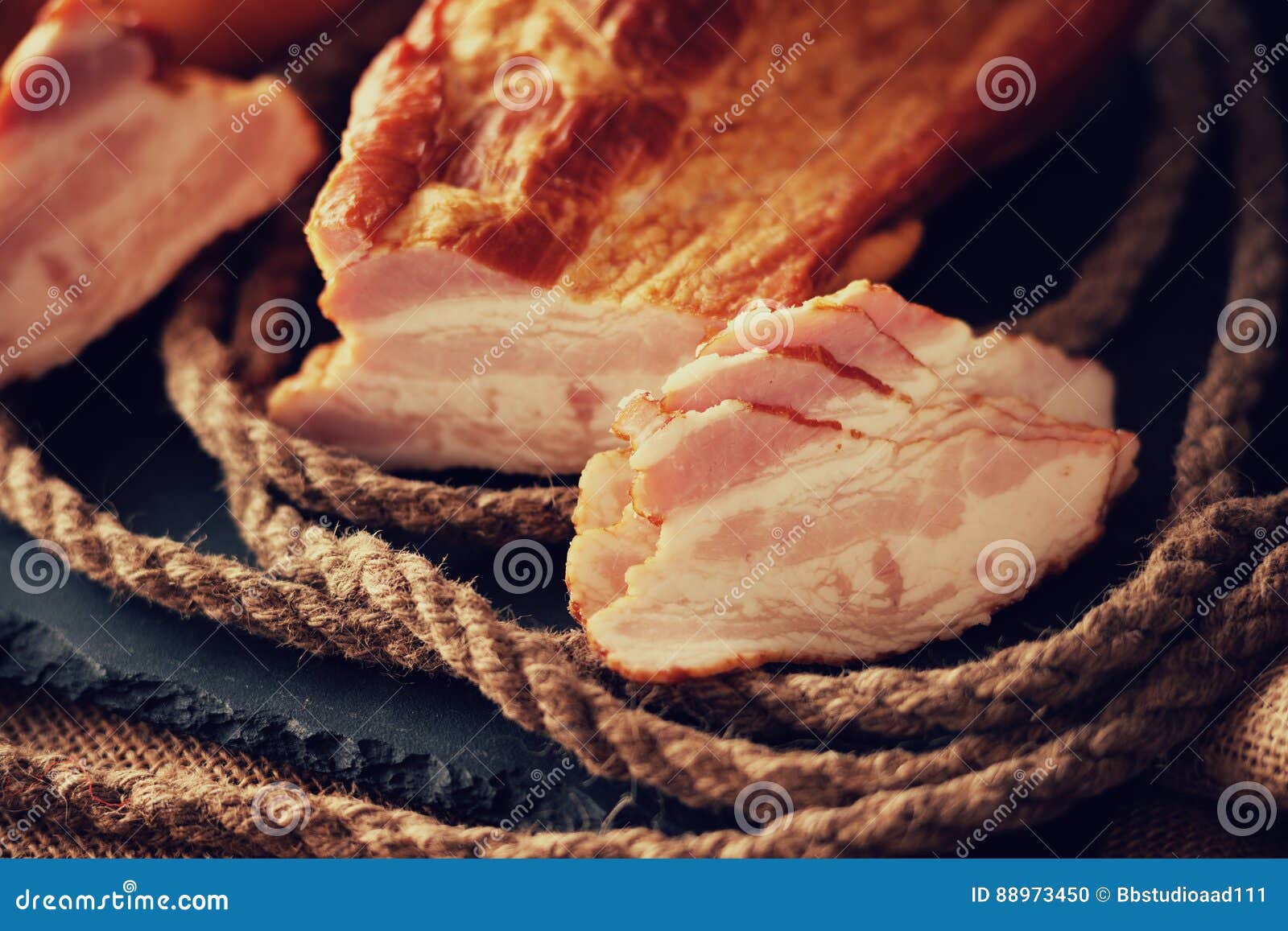Sliced Smoked Meat and Rope Stock Photo - Image of product, cooked ...
